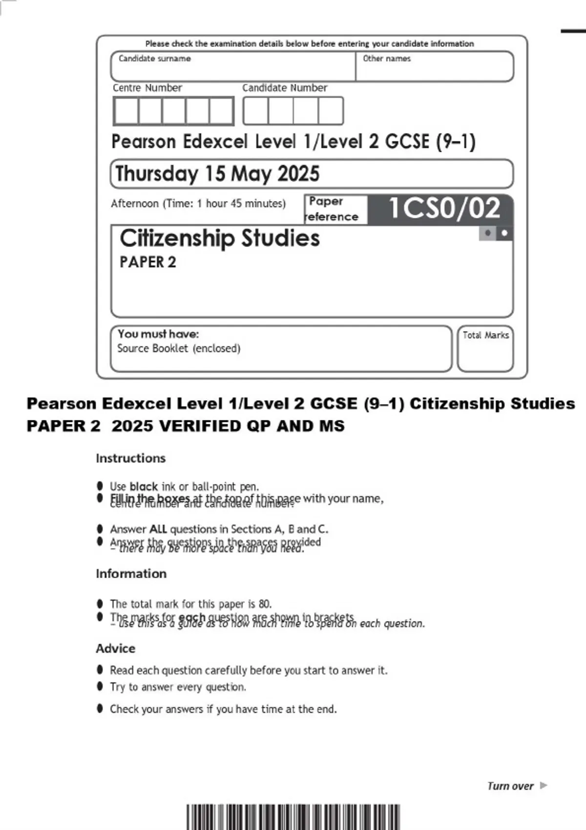 Pearson Edexcel Level 1/Level 2 GCSE (9–1) Citizenship Studies PAPER 1 ...