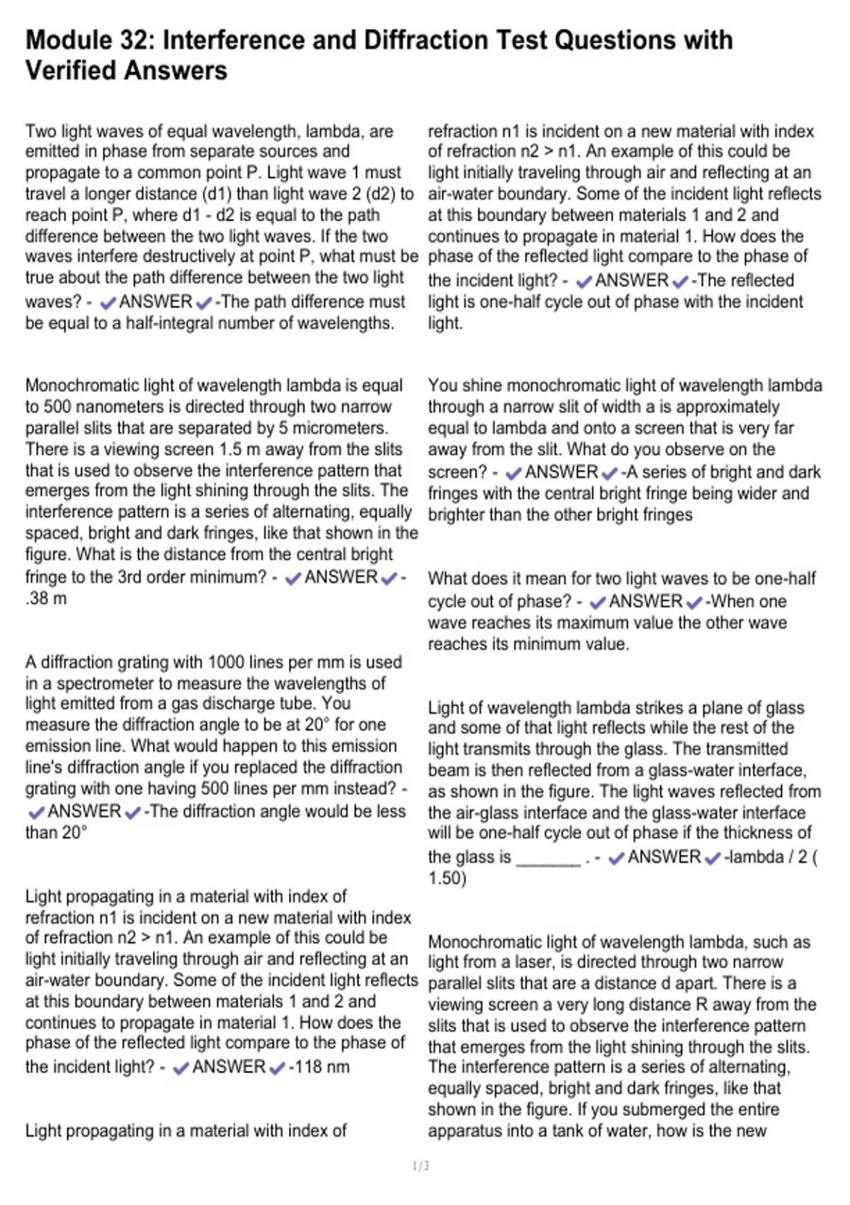 Module 32: Interference and Diffraction Test Questions with Verified ...