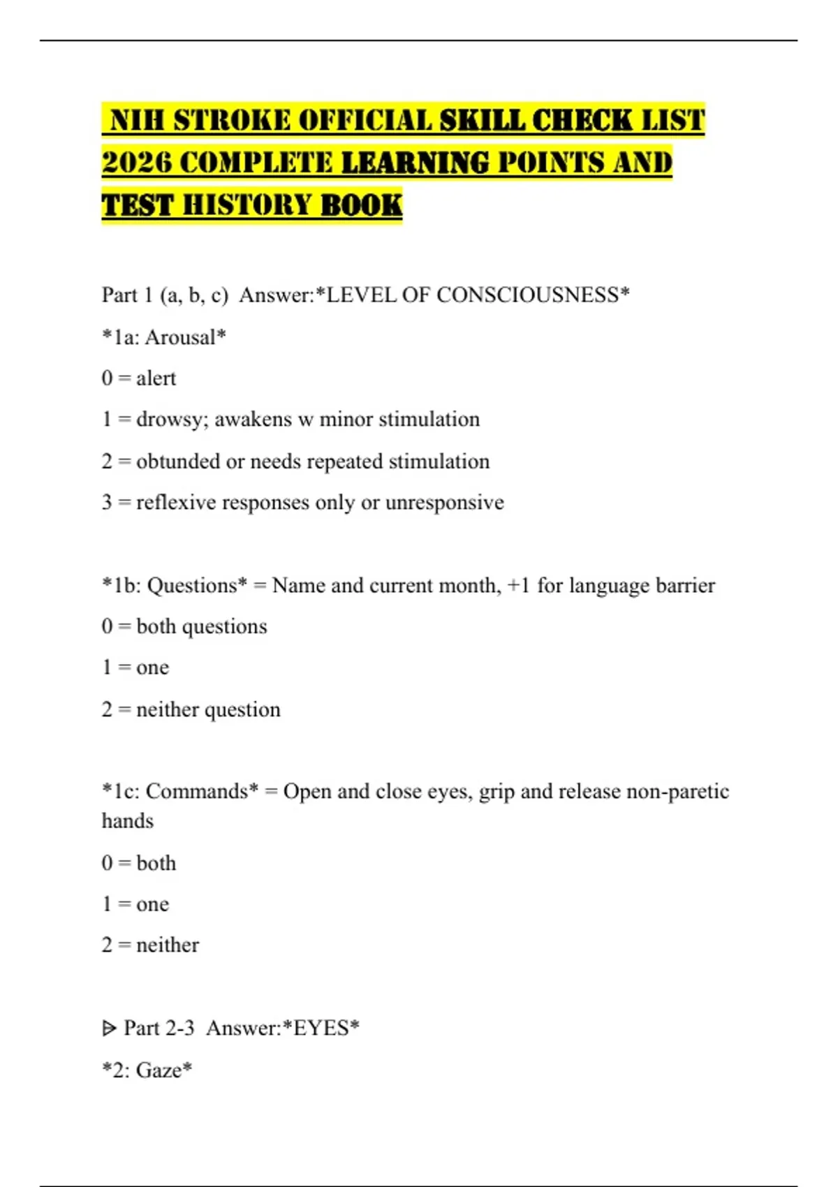 NIH STROKE OFFICIAL SKILL CHECK LIST 2026 COMPLETE LEARNING POINTS AND ...