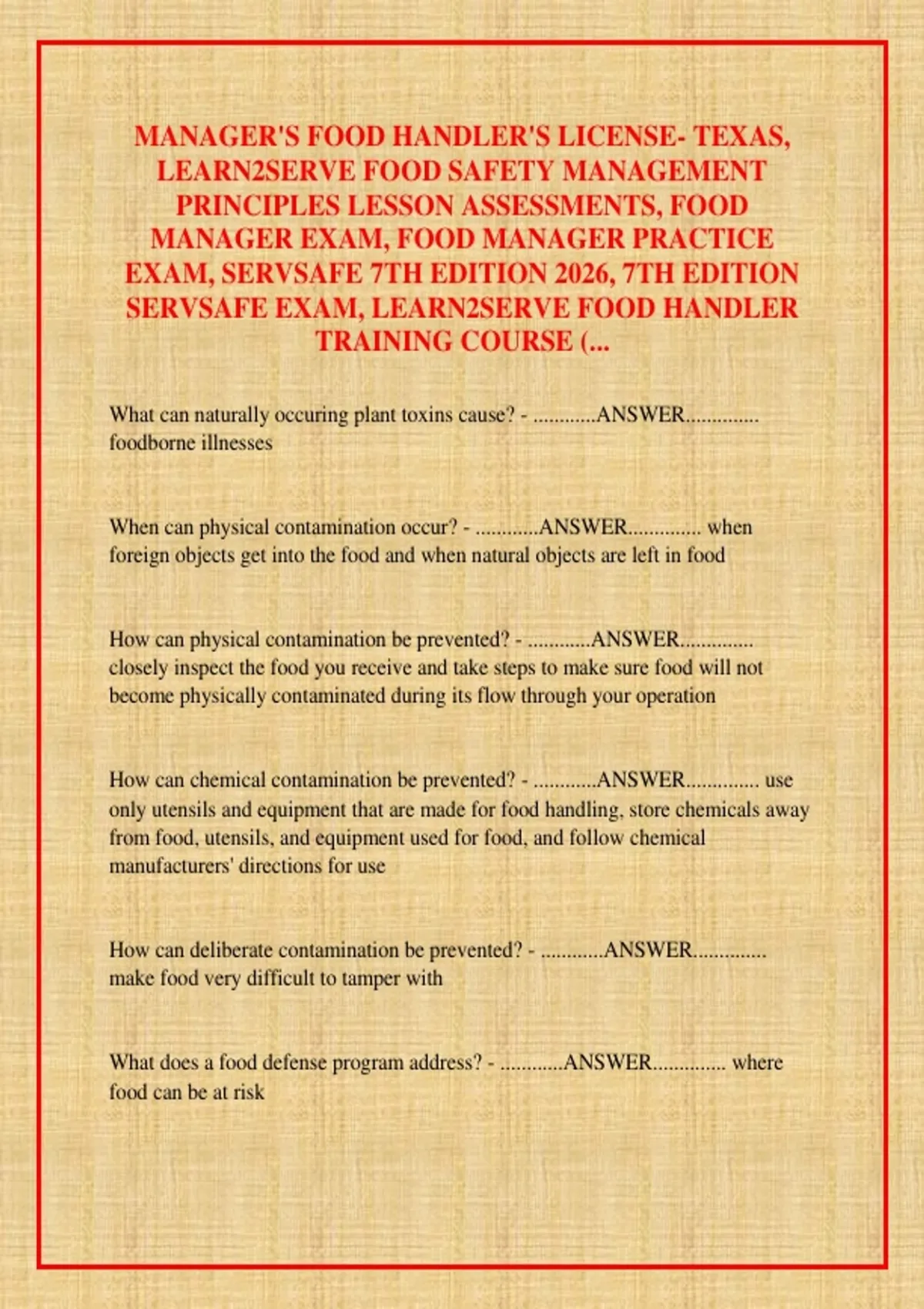 MANAGER'S FOOD HANDLER'S LICENSE- TEXAS, LEARN2SERVE FOOD SAFETY ...