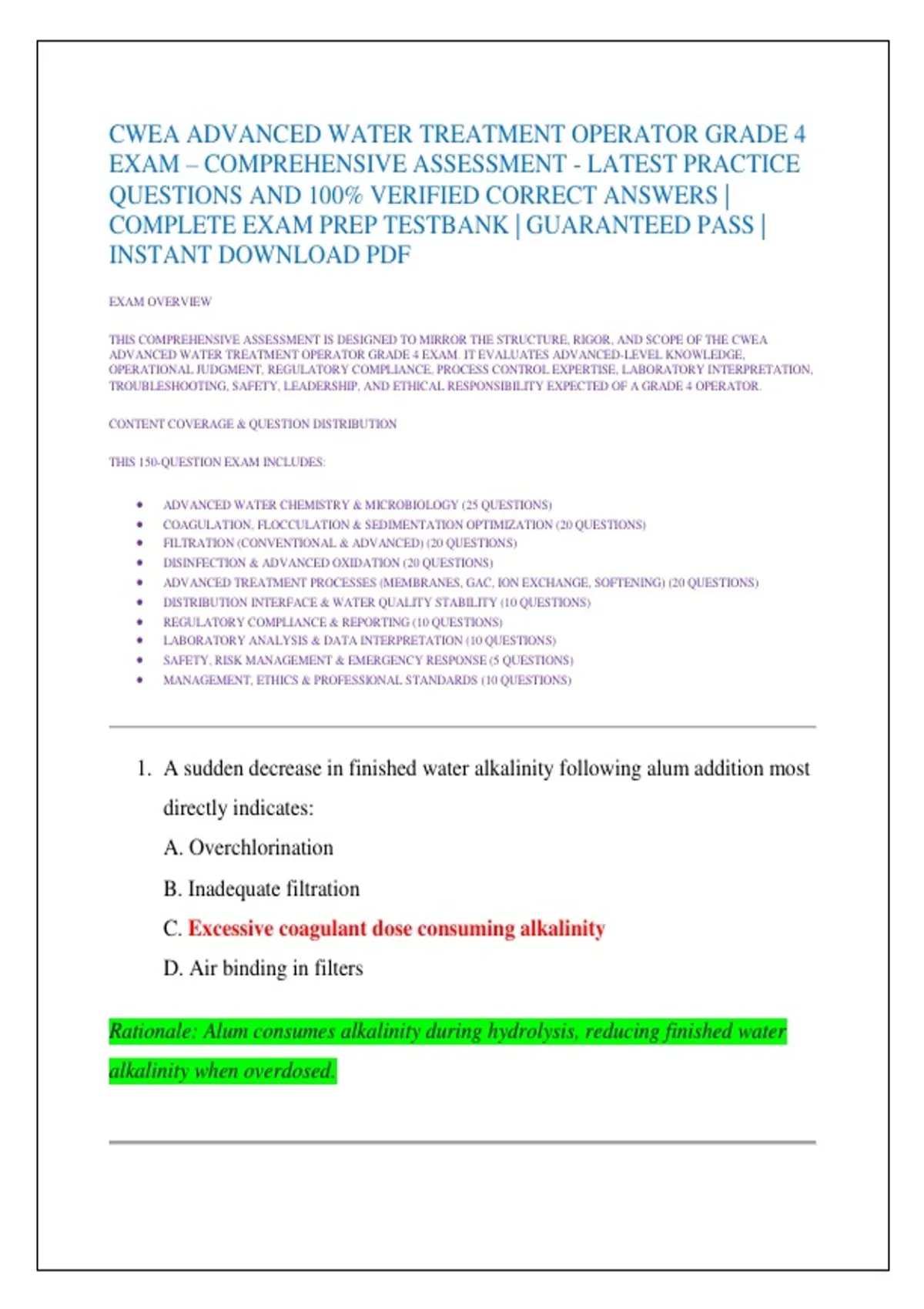 CWEA ADVANCED WATER TREATMENT OPERATOR GRADE 4 EXAM – COMPREHENSIVE ...