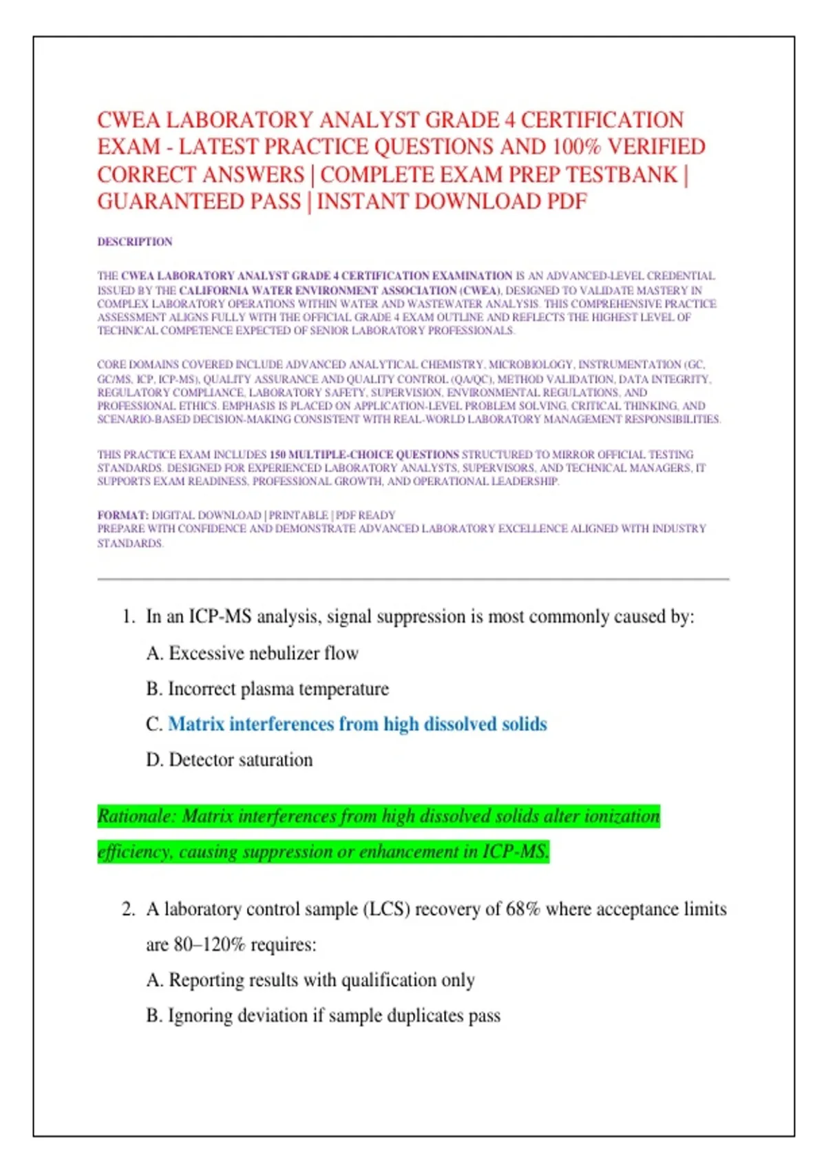 CWEA LABORATORY ANALYST GRADE 4 CERTIFICATION EXAM - LATEST PRACTICE ...