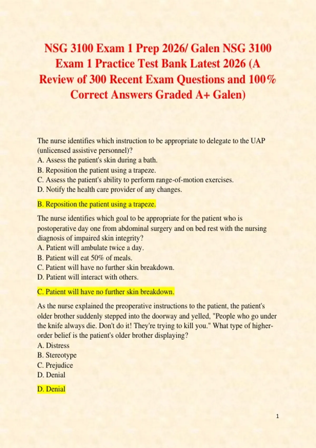 NSG 3100 Exam 1 Prep 2026/ Galen NSG 3100 Exam 1 Practice Test Bank ...
