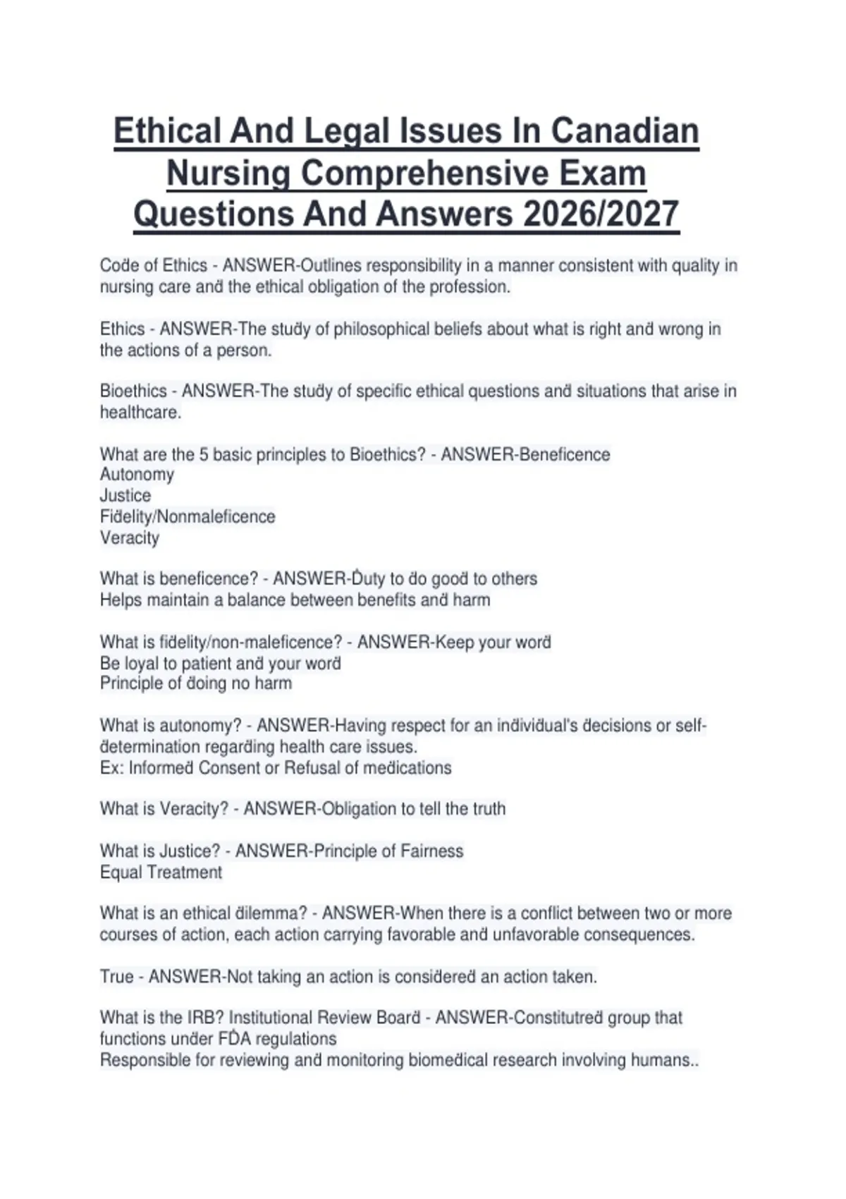 Ethical And Legal Issues In Canadian Nursing Comprehensive Exam ...