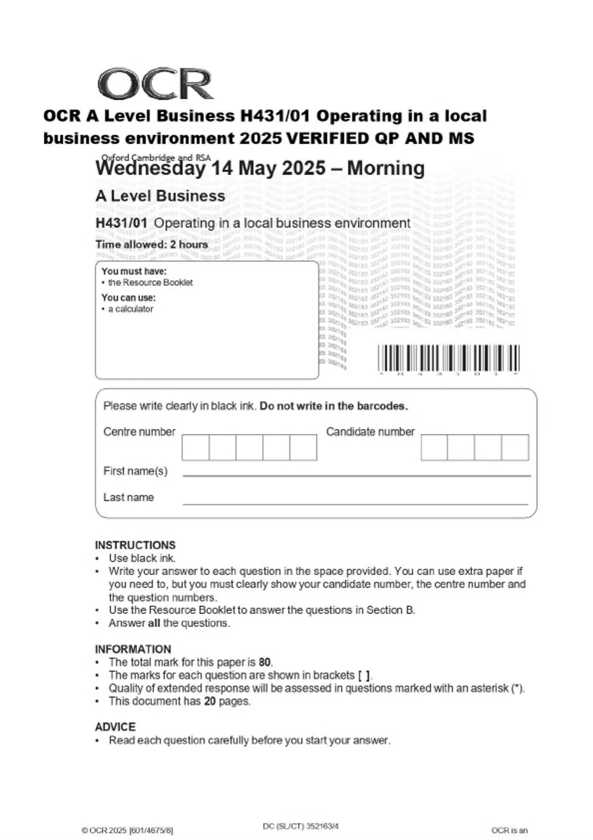 OCR A Level Business H431/01 Operating in a local business environment ...