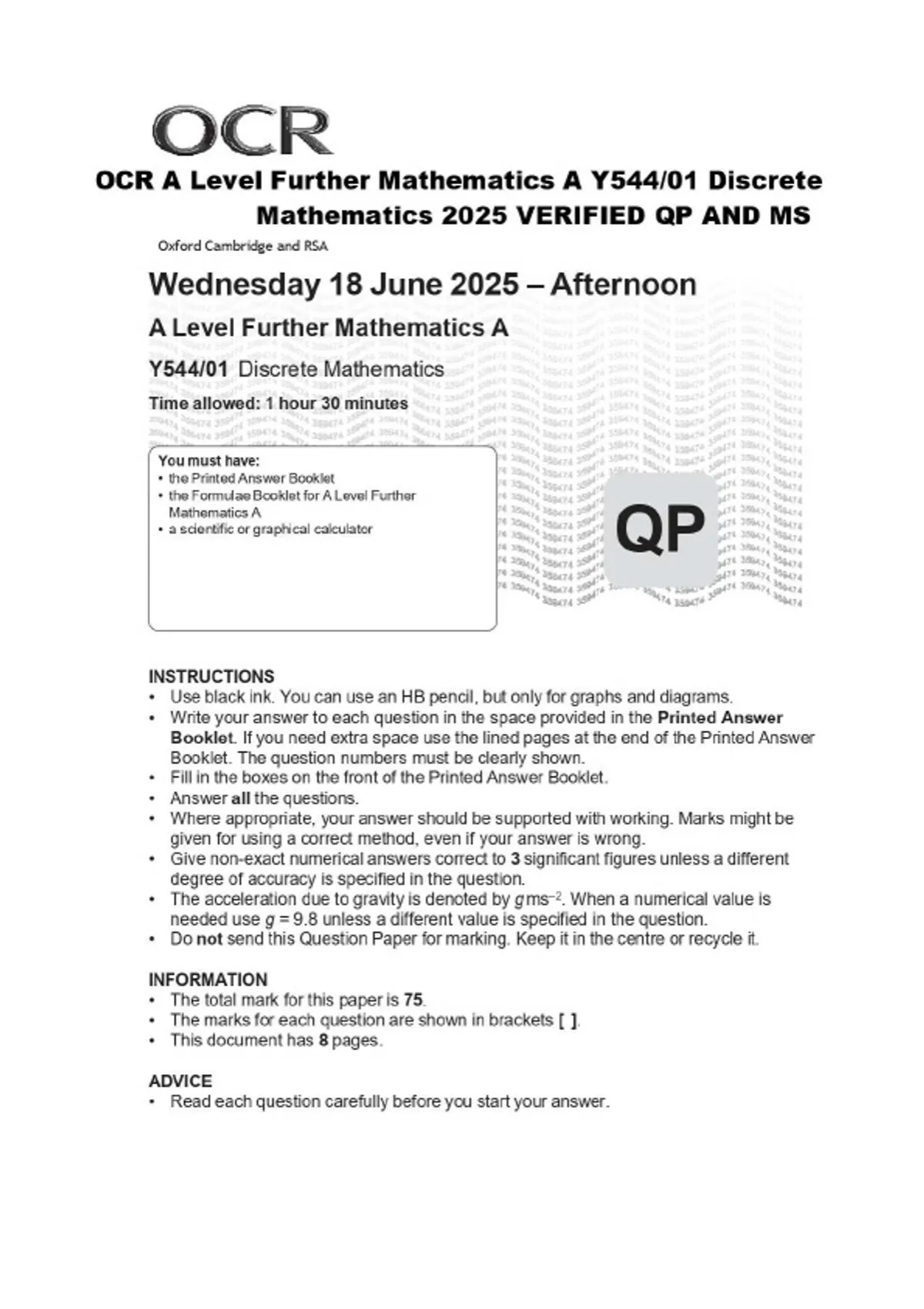 OCR A Level Further Mathematics A Y544/01 Discrete Mathematics 2025 ...