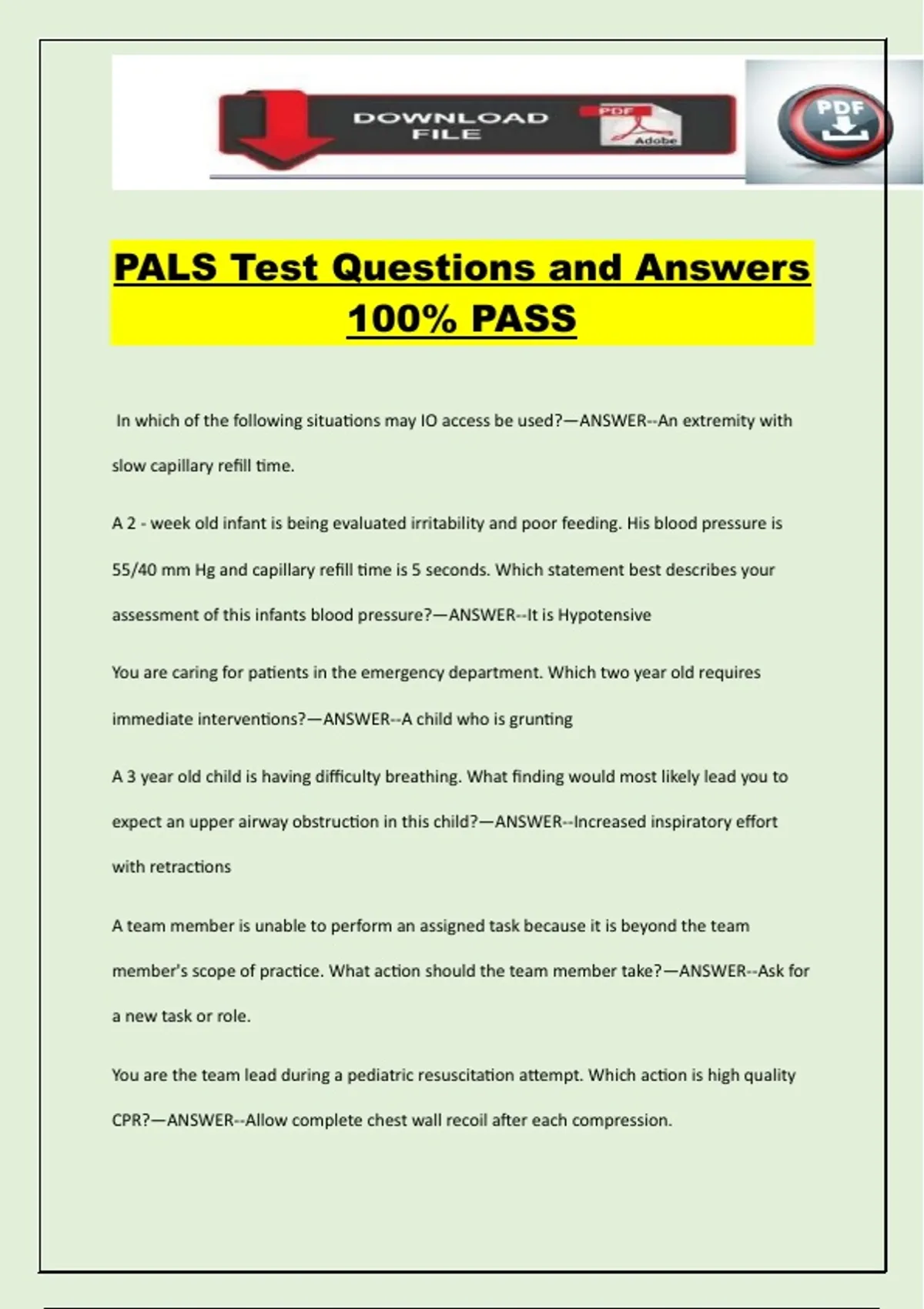 PALS Test Questions and Answers 100% PASS - Pals - Stuvia US