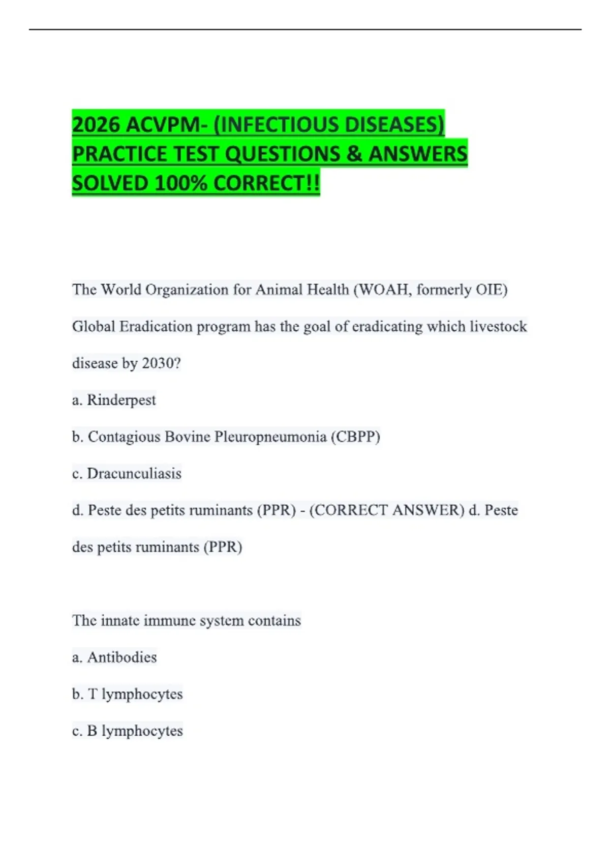 2026 ACVPM- (INFECTIOUS DISEASES) PRACTICE TEST QUESTIONS & ANSWERS ...