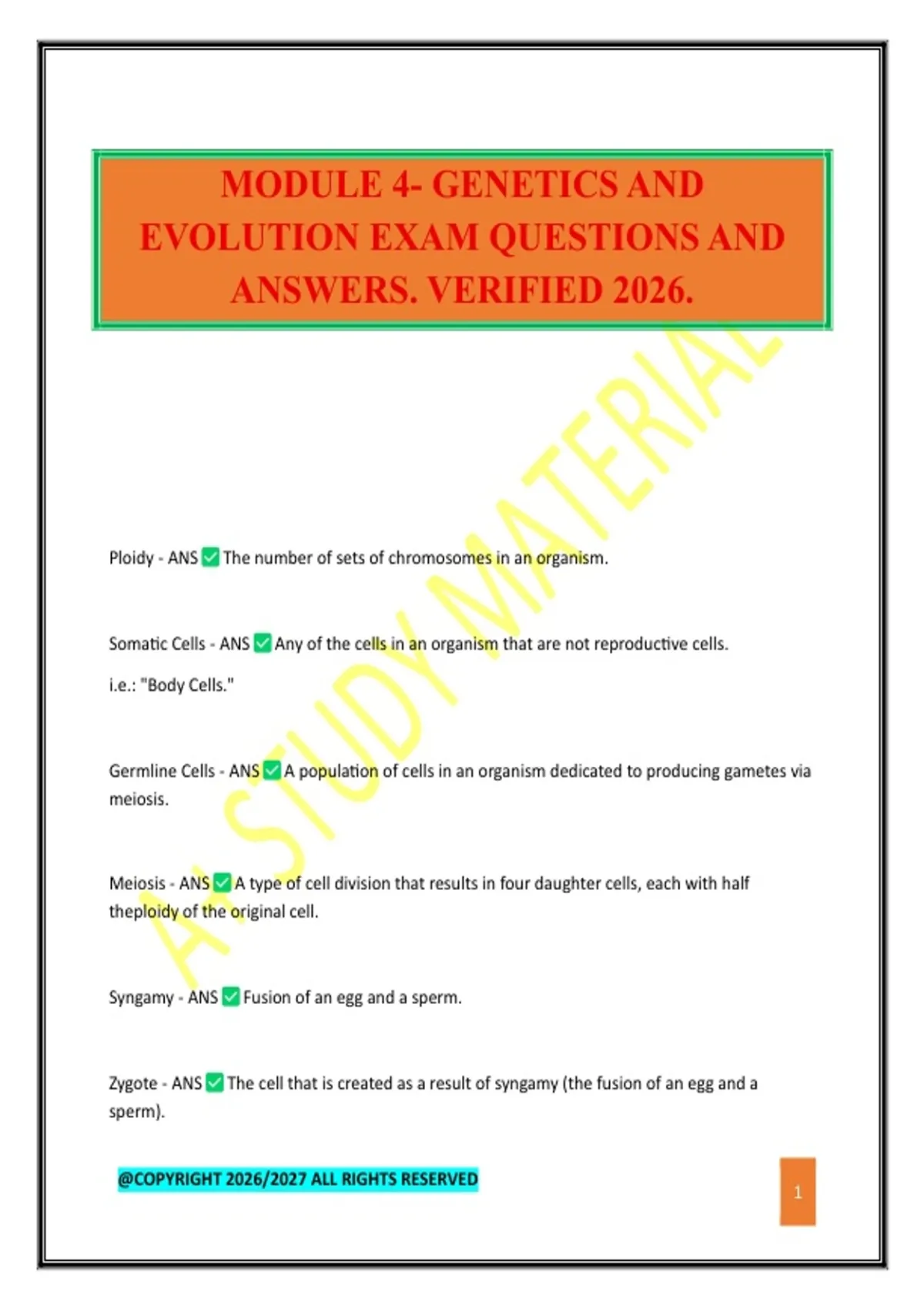 MODULE 4- GENETICS AND EVOLUTION EXAM QUESTIONS AND ANSWERS. VERIFIED ...