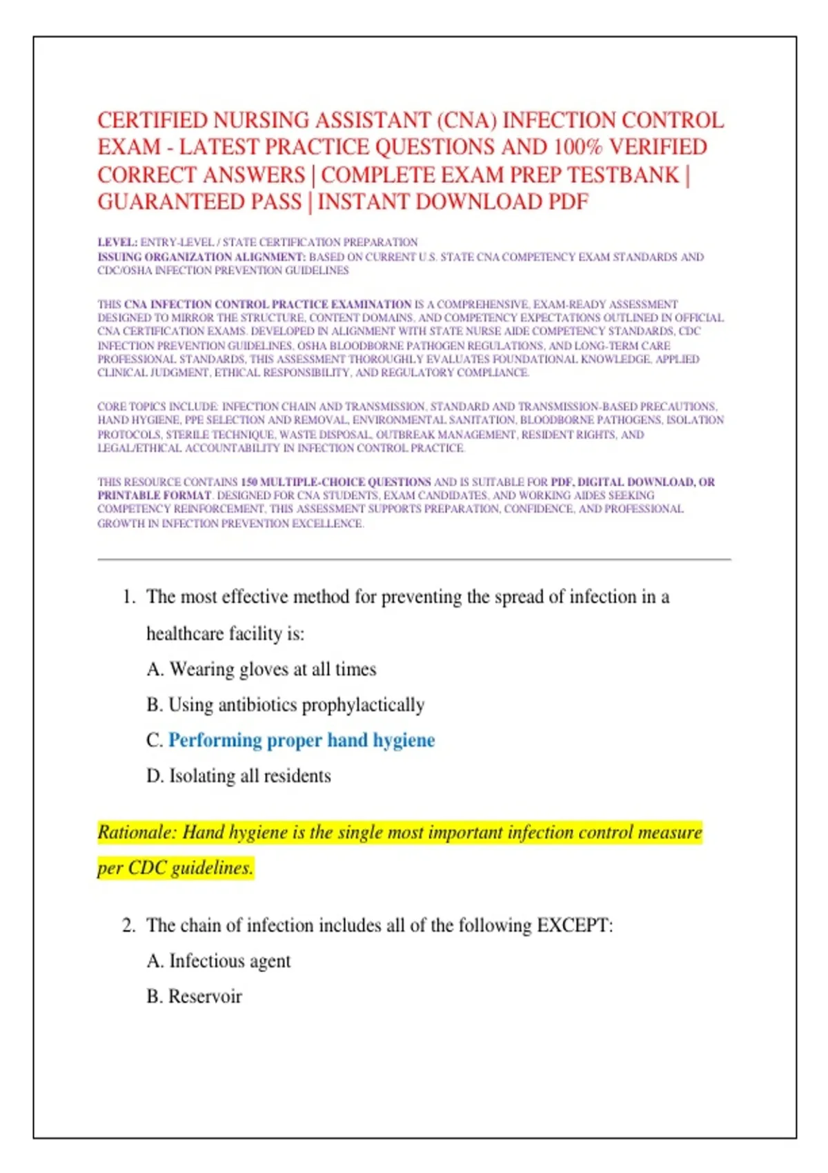 CERTIFIED NURSING ASSISTANT (CNA) INFECTION CONTROL EXAM - LATEST ...