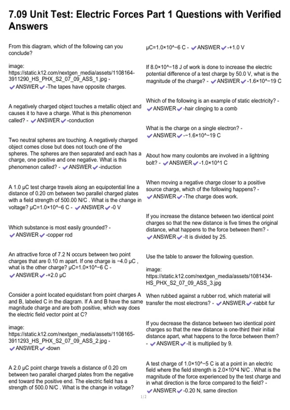 7.09 Unit Test: Electric Forces Part 1 Questions with Verified Answers ...