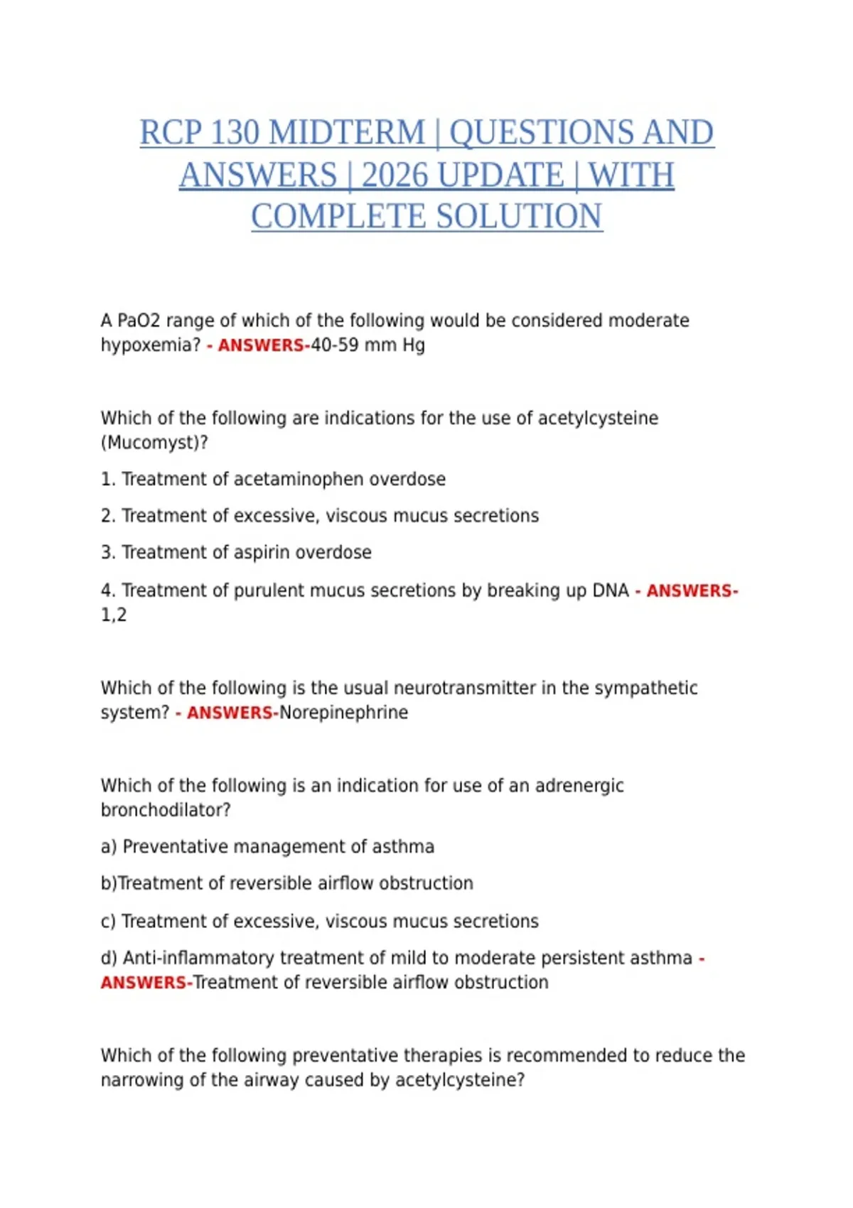 RCP 130 MIDTERM | 2026 UPDATED QUESTIONS AND ANSWERS | COMPLETE ...