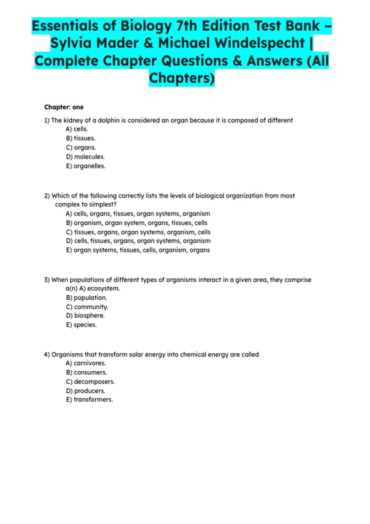 Essentials of Biology 7th Edition Test Bank – Sylvia Mader & Michael ...