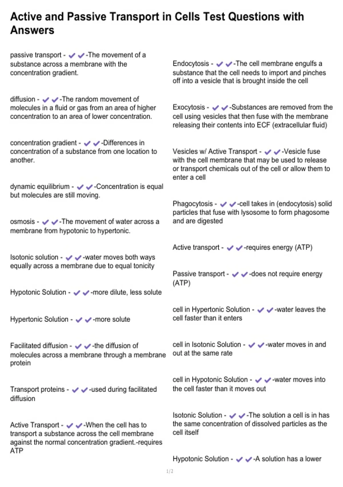 Active and Passive Transport in Cells Test Questions with Answers ...