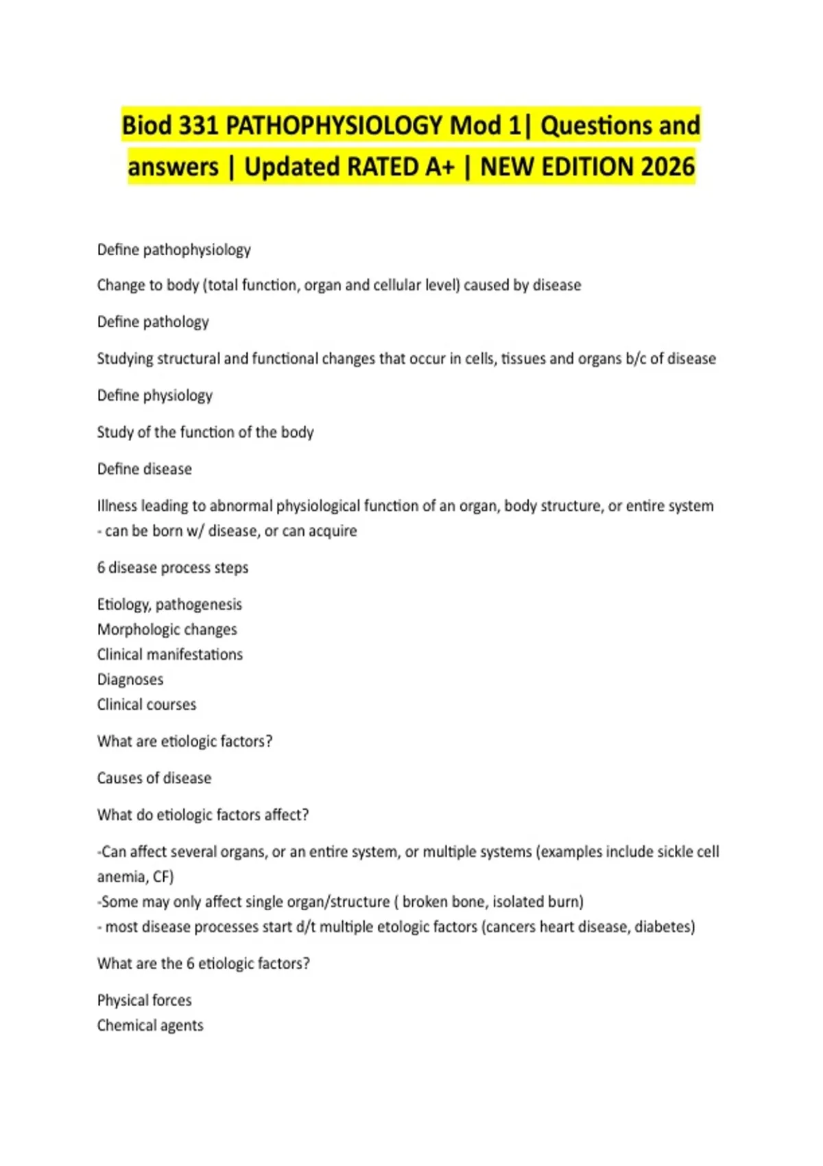 Biod 331 PATHOPHYSIOLOGY Mod 1| Questions and answers | Updated RATED ...