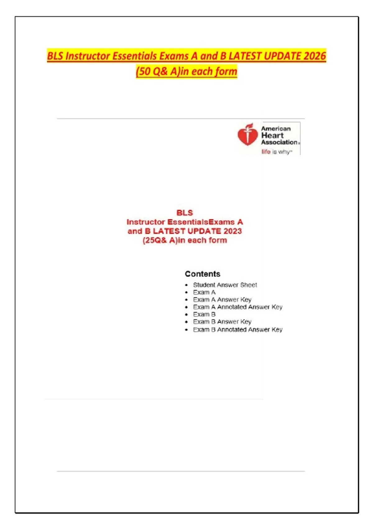BLS Instructor Essentials Exams A and B LATEST UPDATE 2026 (50 Q& A)in ...