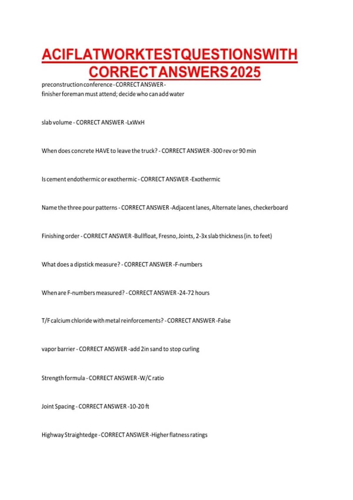 ACI Flatwork Test Questions with Correct Answers 2026 | Concrete ...