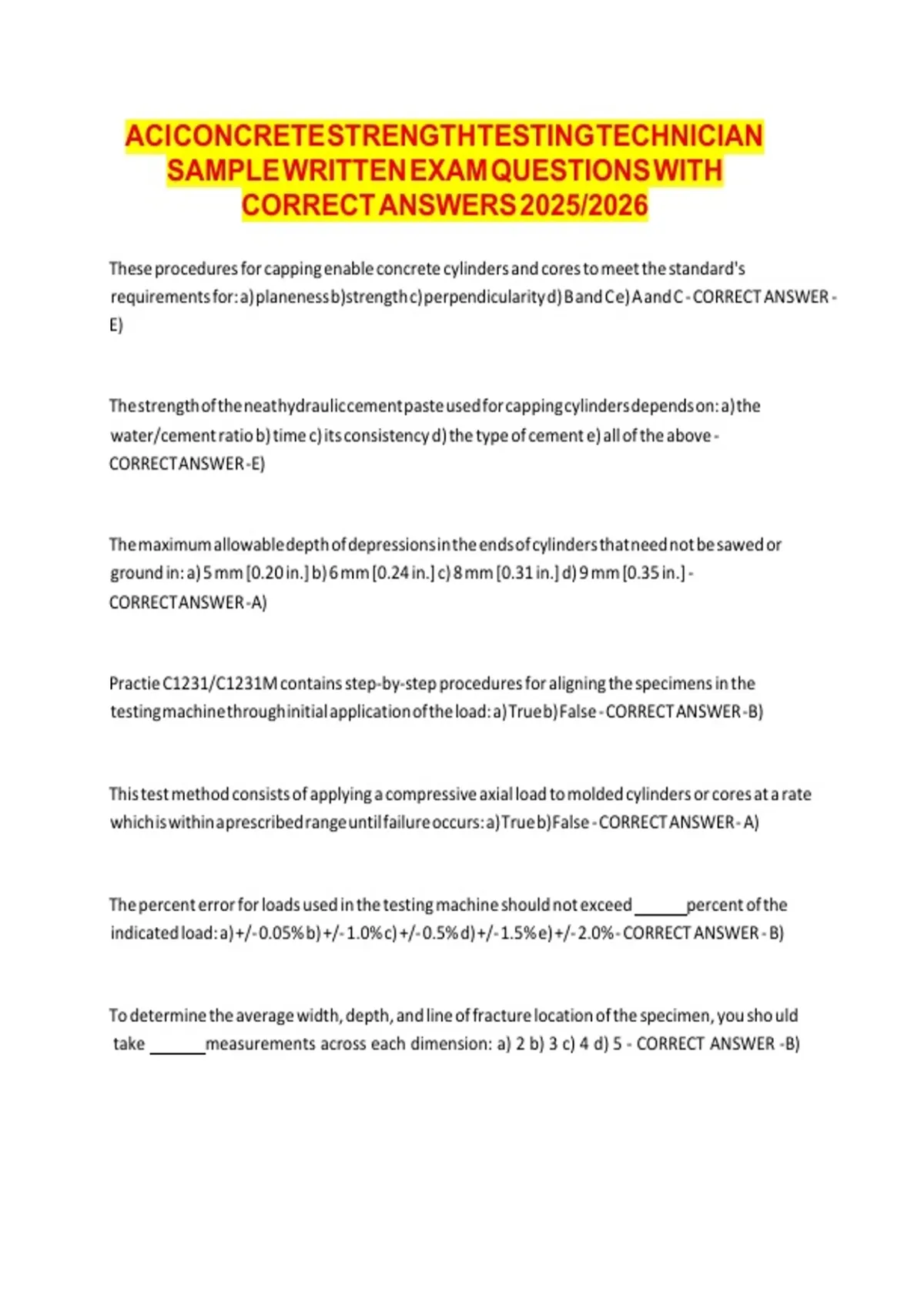 ACI Concrete Strength Testing Technician Sample Written Exam Questions ...