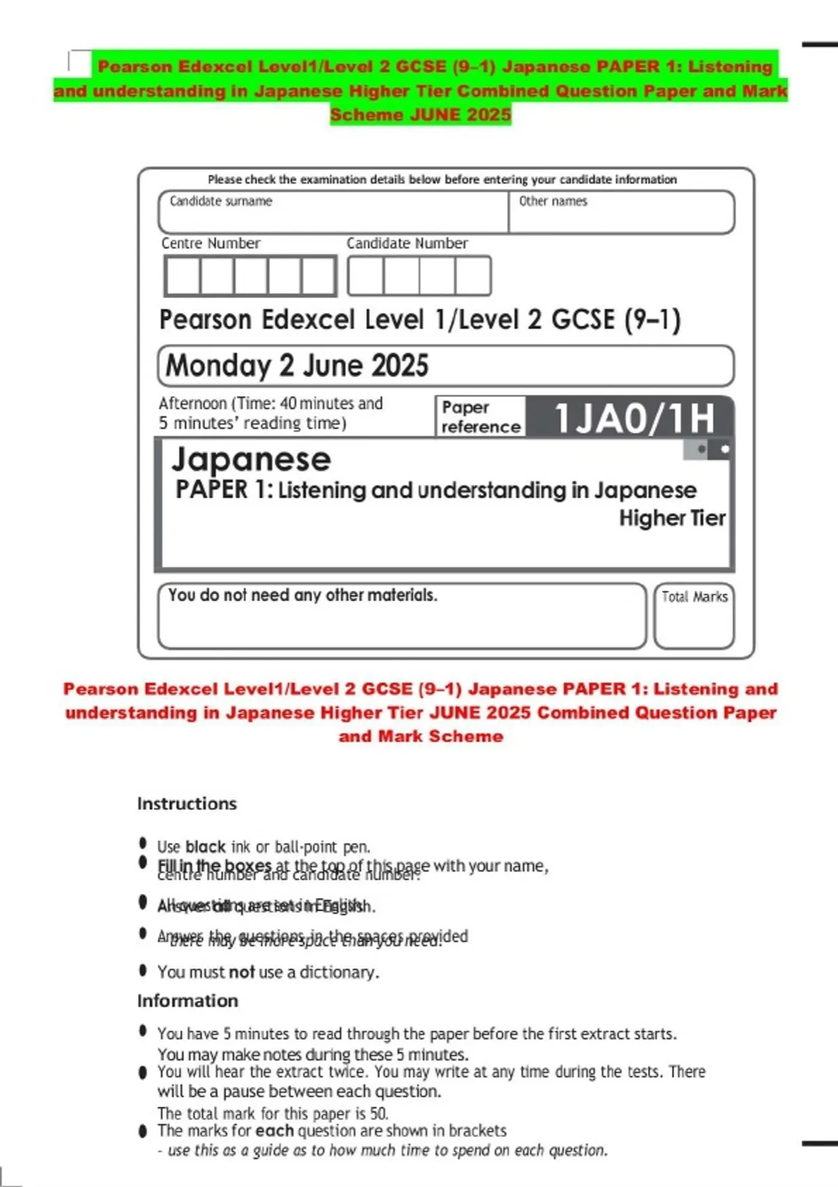 Pearson Edexcel Level 1/Level 2 GCSE (9–1) Japanese PAPER 1: Listening ...