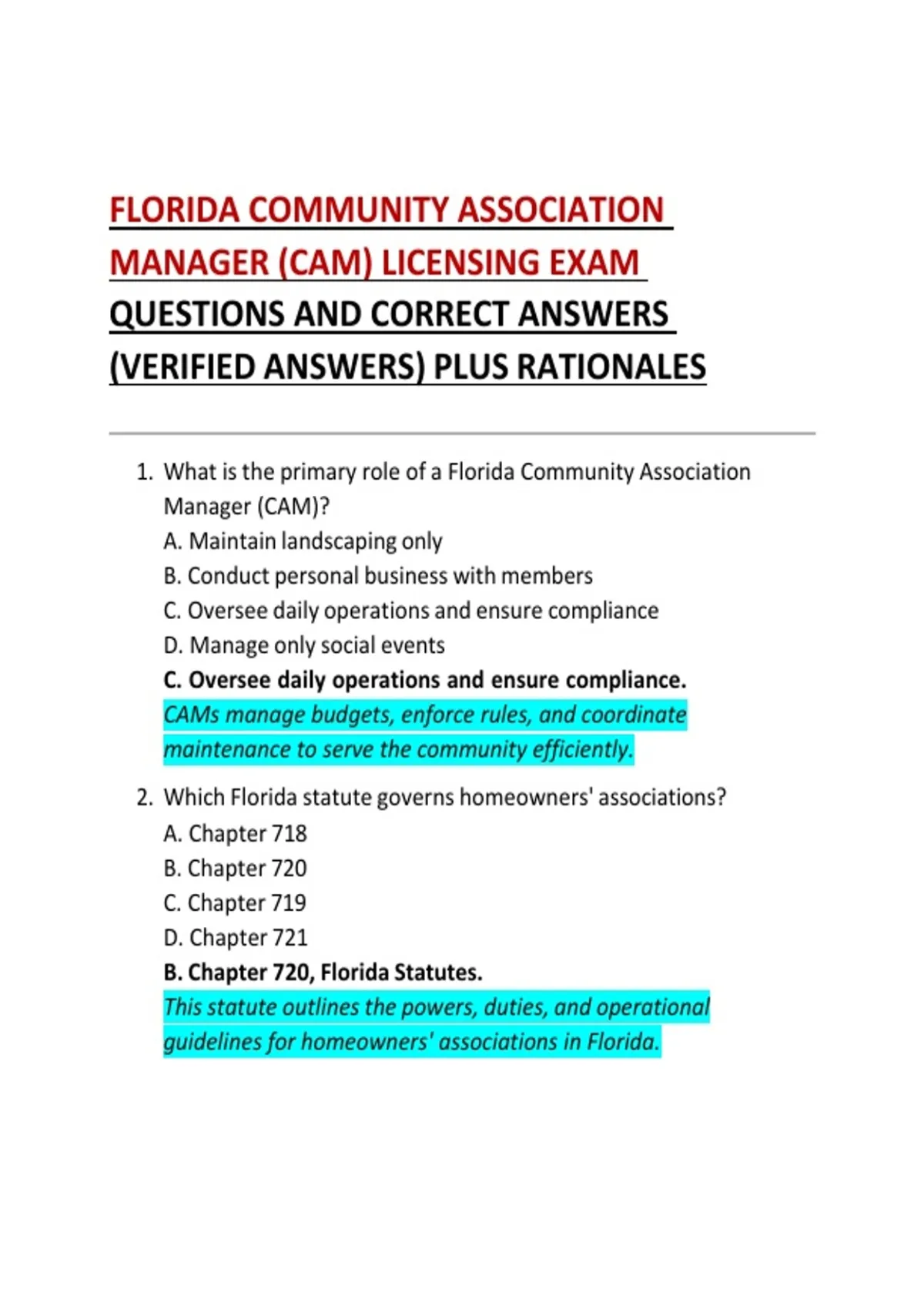 FLORIDA COMMUNITY ASSOCIATION MANAGER (CAM) LICENSING EXAM QUESTIONS ...