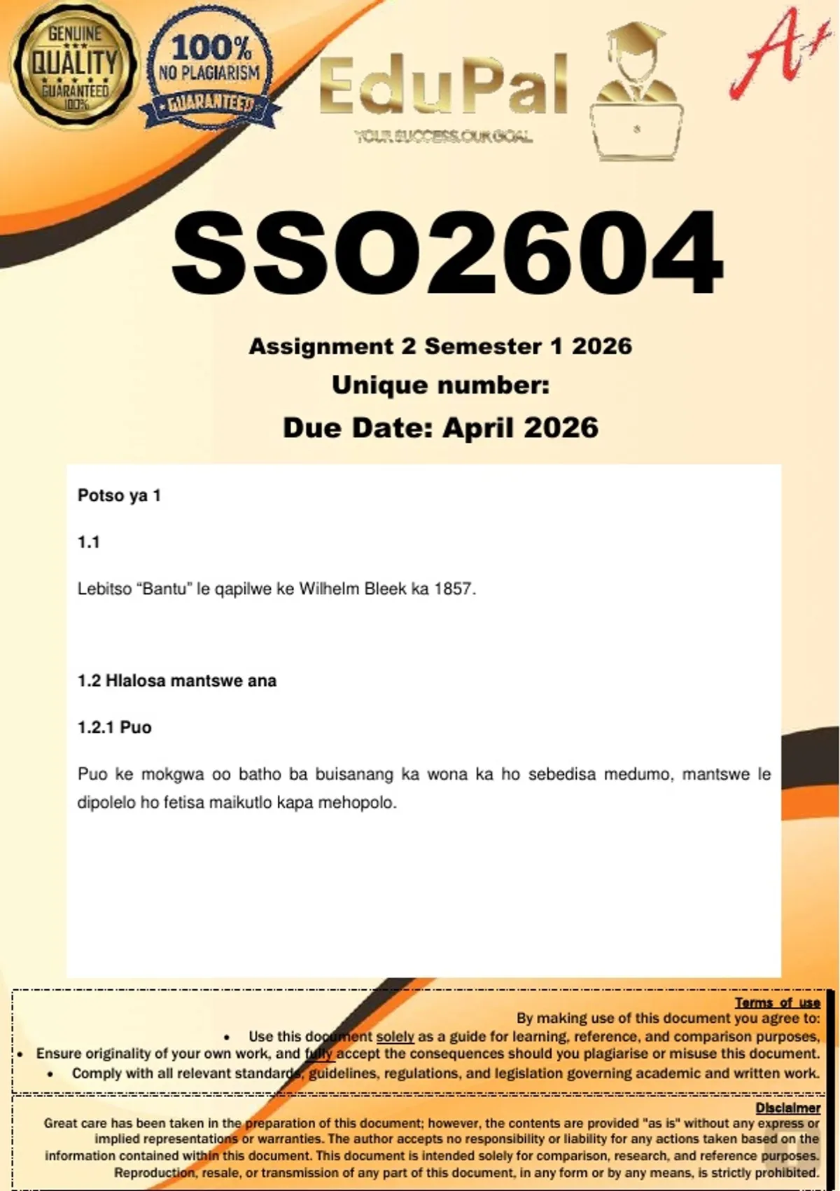 SSO2604 Asaemente Ya 2 (COMPLETE ANSWERS) Semester 1 2026 - DUE April ...