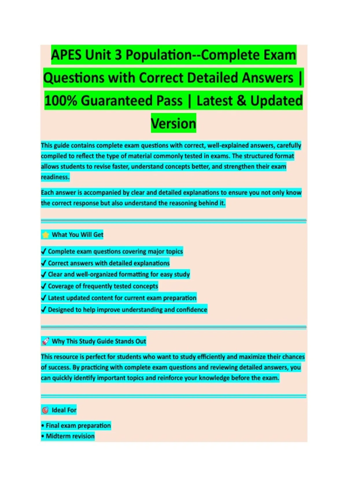 APES Unit 3 Population – Latest Version Exam Review with Complete ...