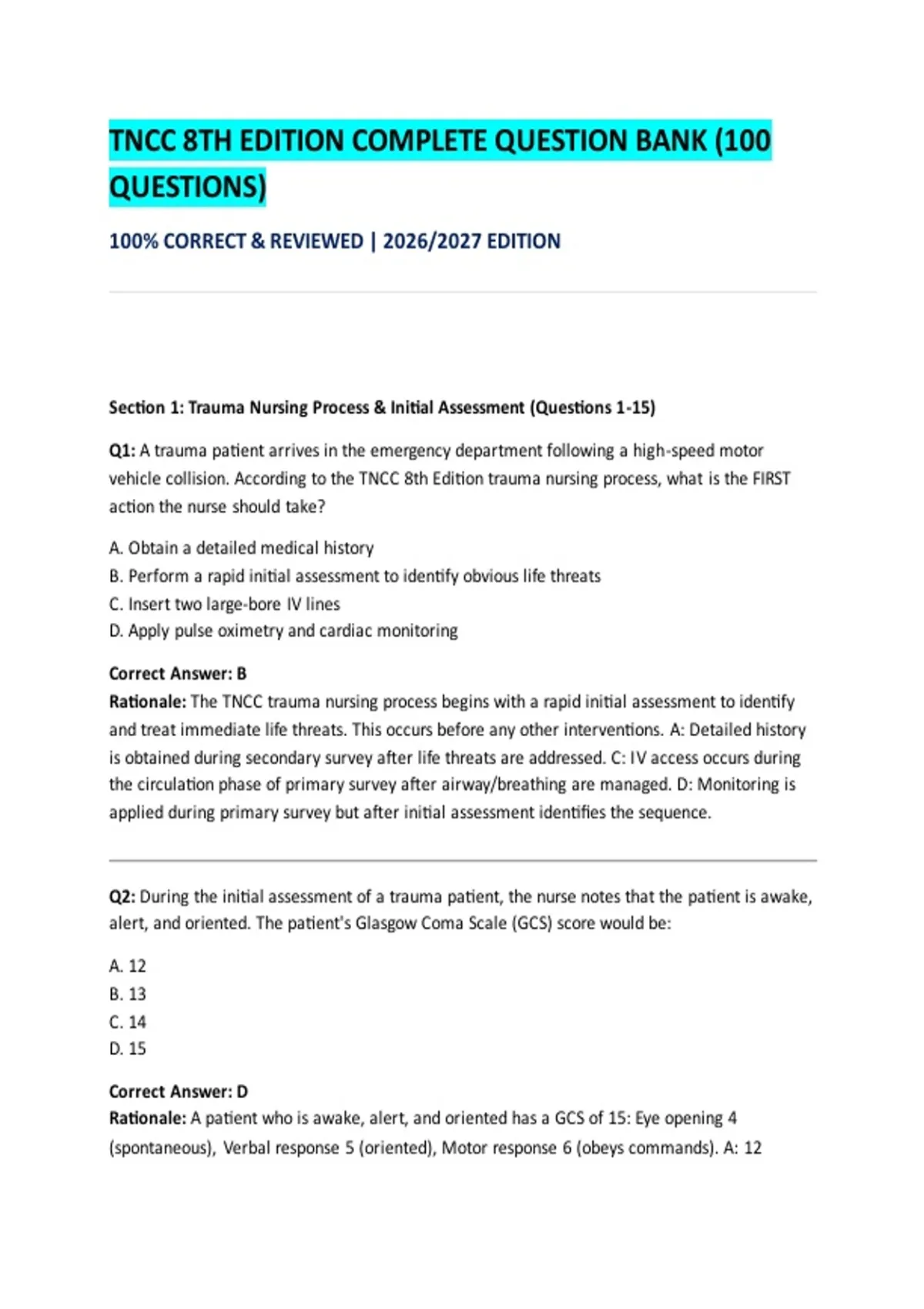 TNCC 8TH EDITION ACTUAL EXAM 2026/2027 | Complete 100 Questions Bank ...