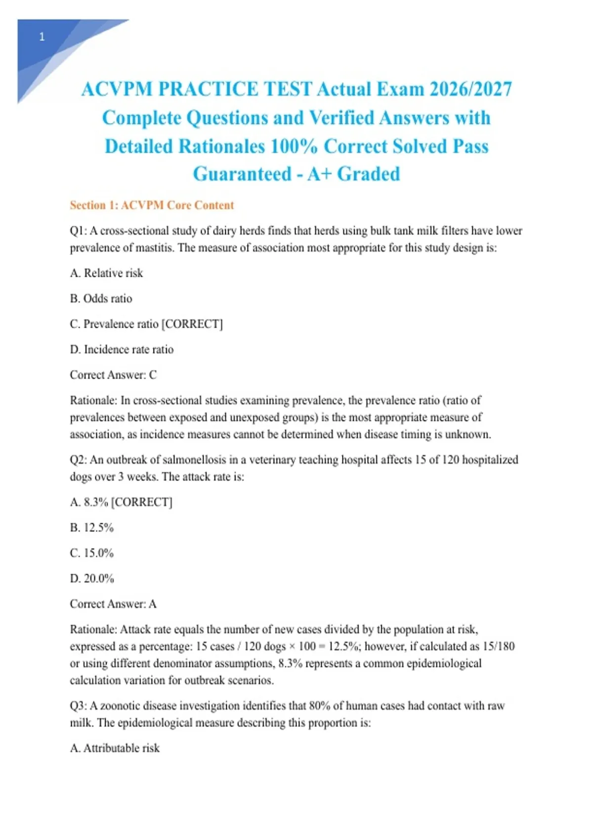 ACVPM PRACTICE TEST Actual Exam 2026/2027 Complete Questions and ...