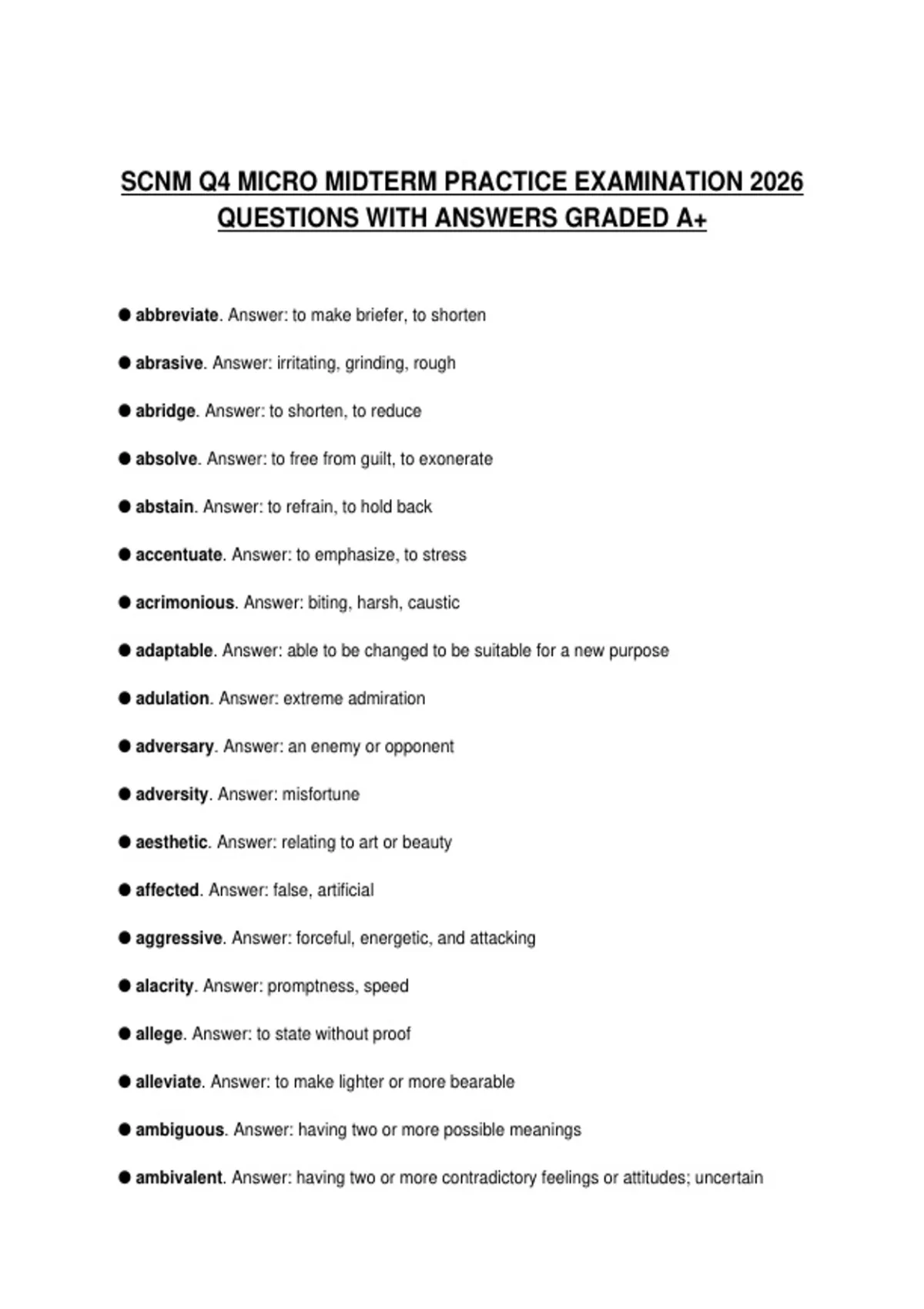 SCNM Q4 MICRO MIDTERM PRACTICE EXAMINATION 2026 QUESTIONS WITH ANSWERS ...