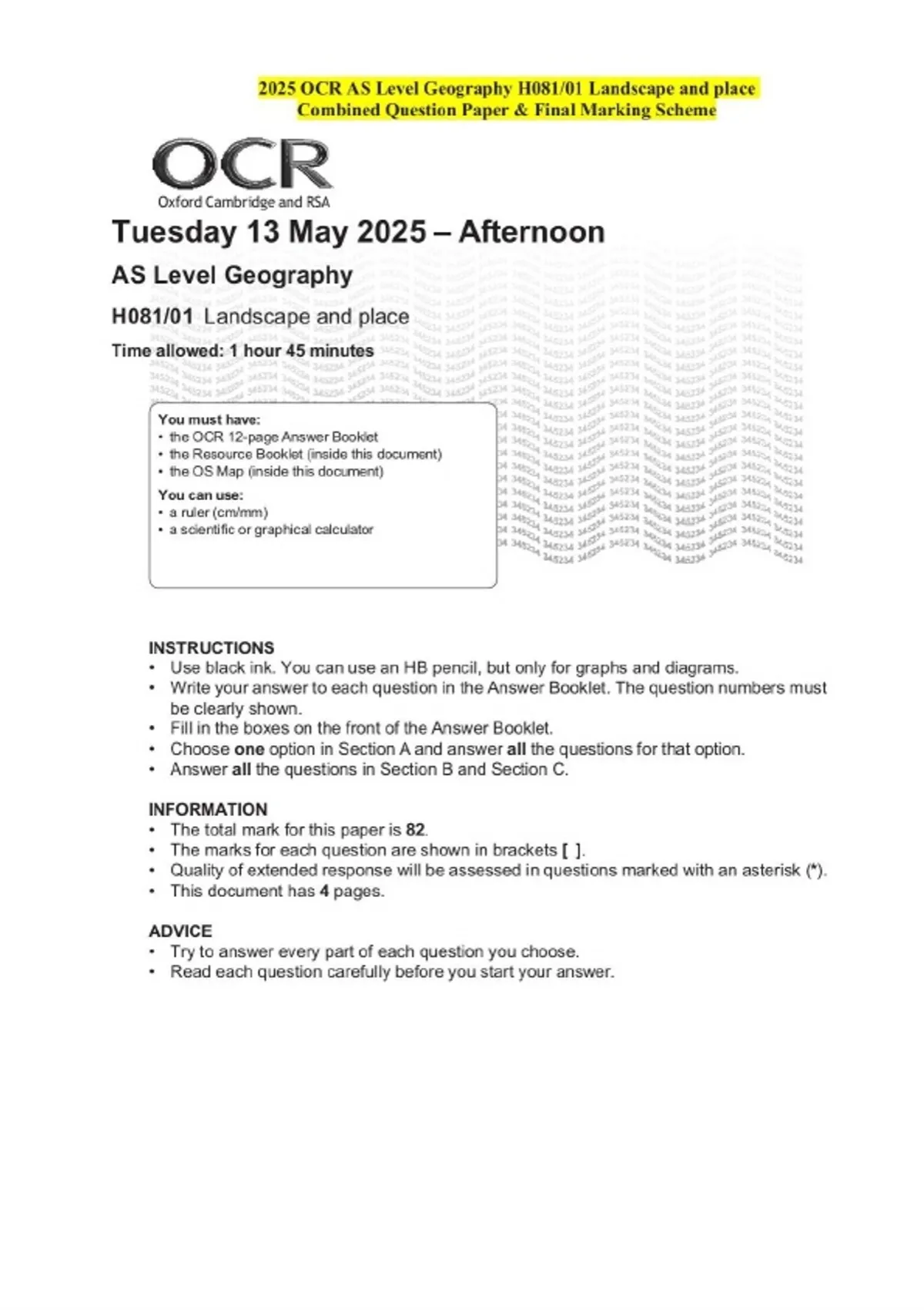 2025 OCR AS Level Geography H081/01 Landscape and Place Comprehensive ...