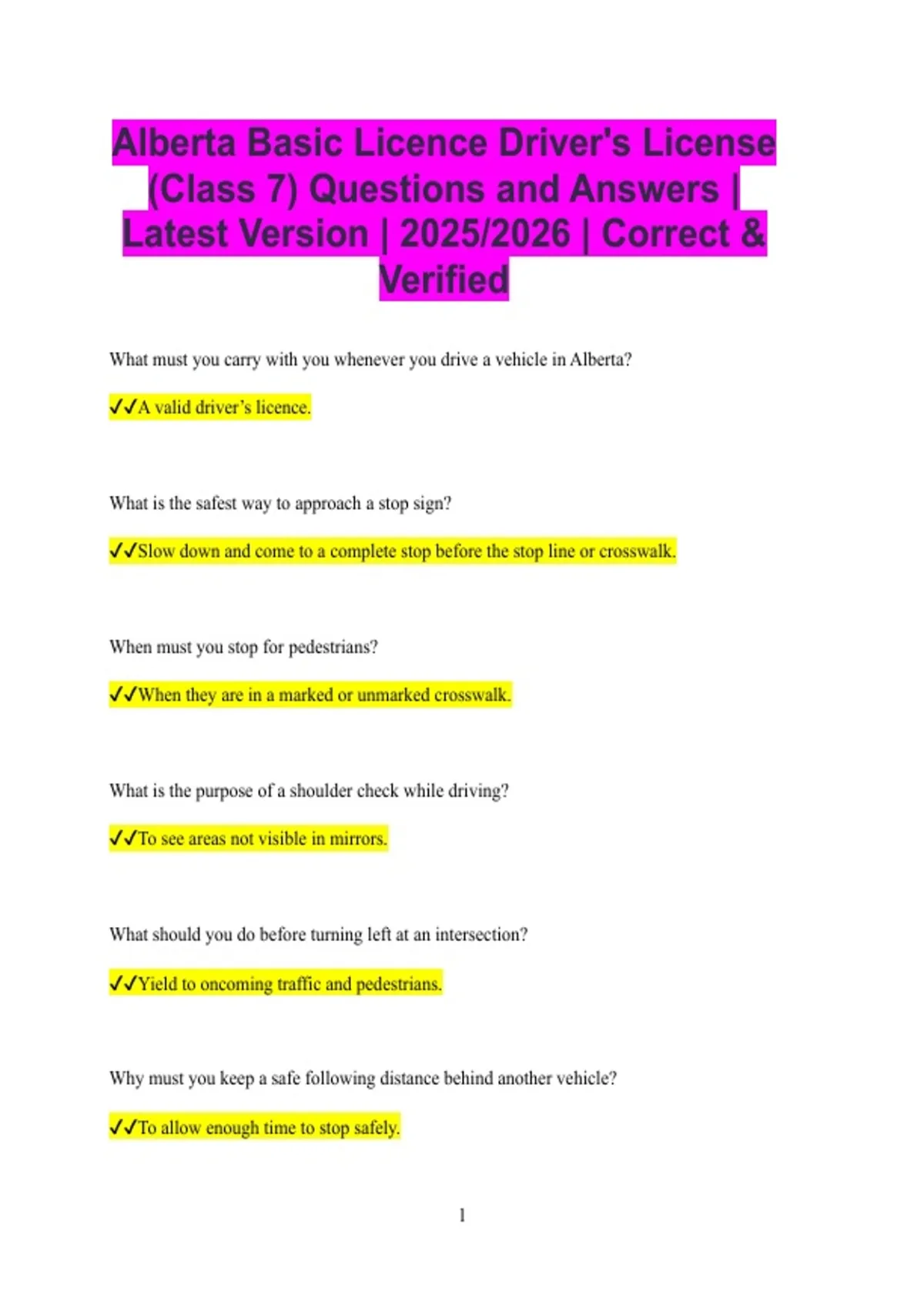 Alberta Basic Licence Driver's License (Class 7) Questions and Answers ...