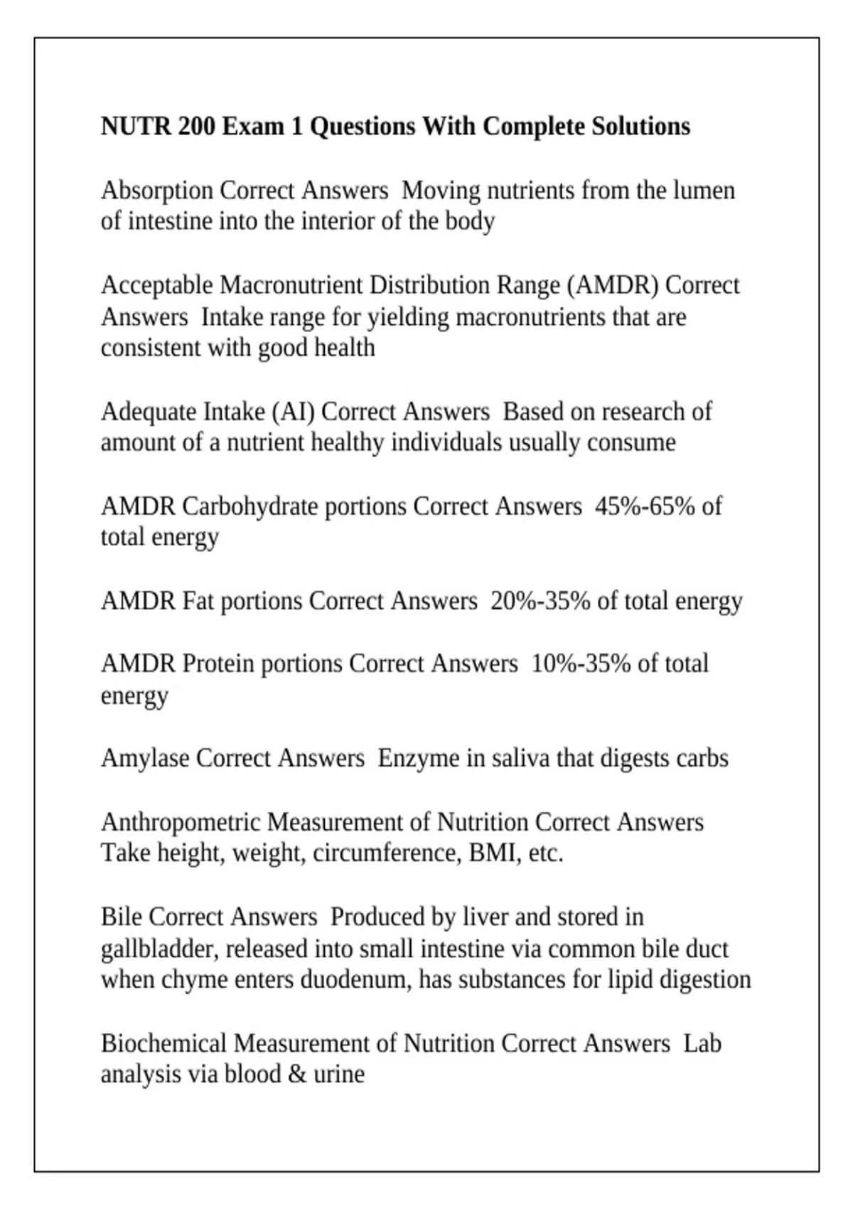 NUTR 200 Exam 1 Questions With Complete Solutions - NUTR 200 - Stuvia US