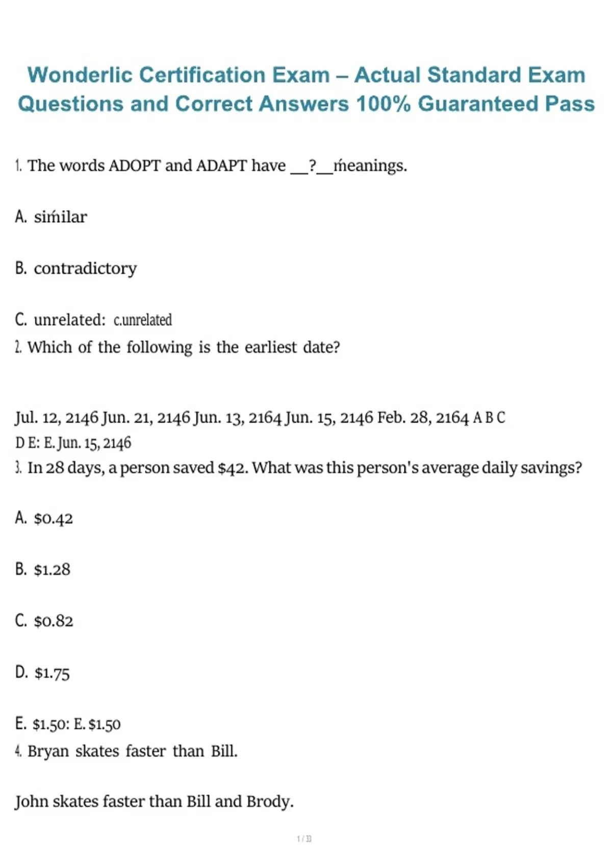 Wonderlic Certification Exam – Actual Standard Exam Questions with ...