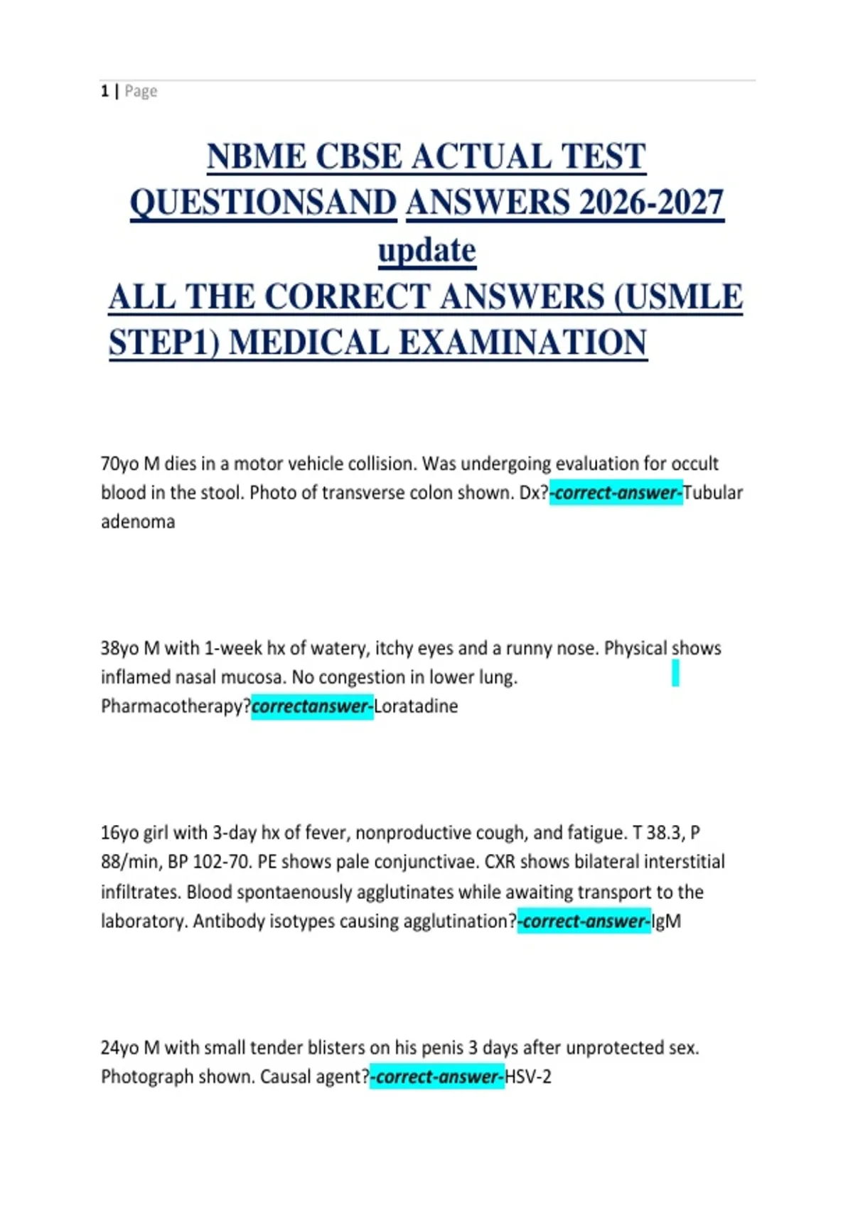 NBME CBSE ACTUAL TEST QUESTIONSAND ANSWERS update ALL THE CORRECT ...
