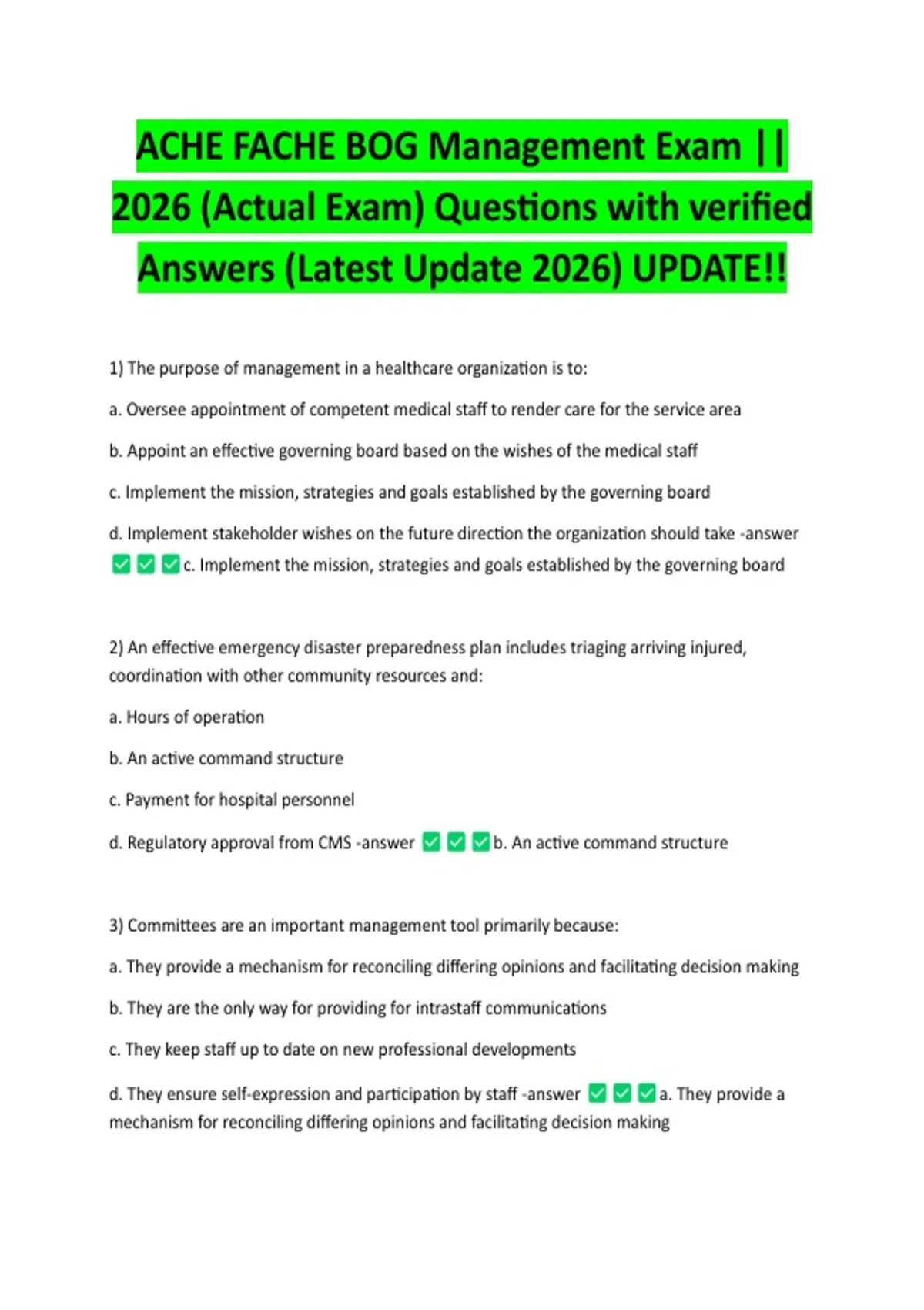 ACHE FACHE BOG Management Exam Study Guide 2026/2027 | Healthcare ...