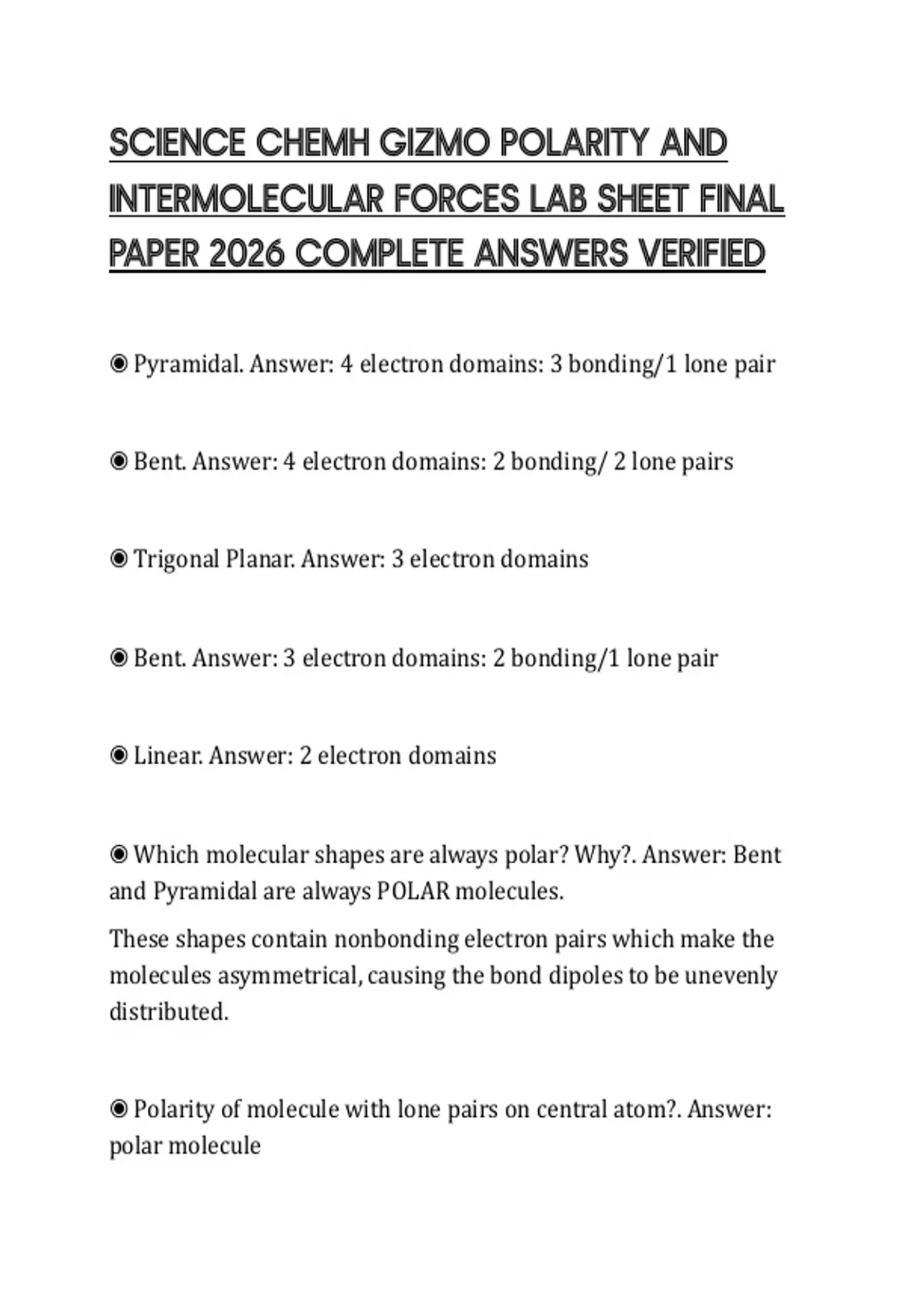 SCIENCE CHEMH GIZMO POLARITY AND INTERMOLECULAR FORCES LAB SHEET FINAL ...