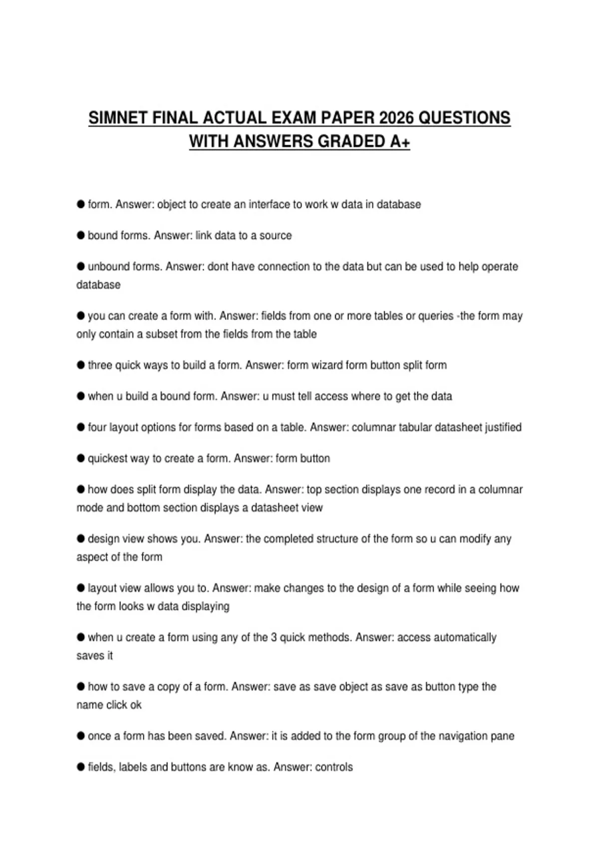 SIMNET FINAL ACTUAL EXAM PAPER 2026 QUESTIONS WITH ANSWERS GRADED A+ ...