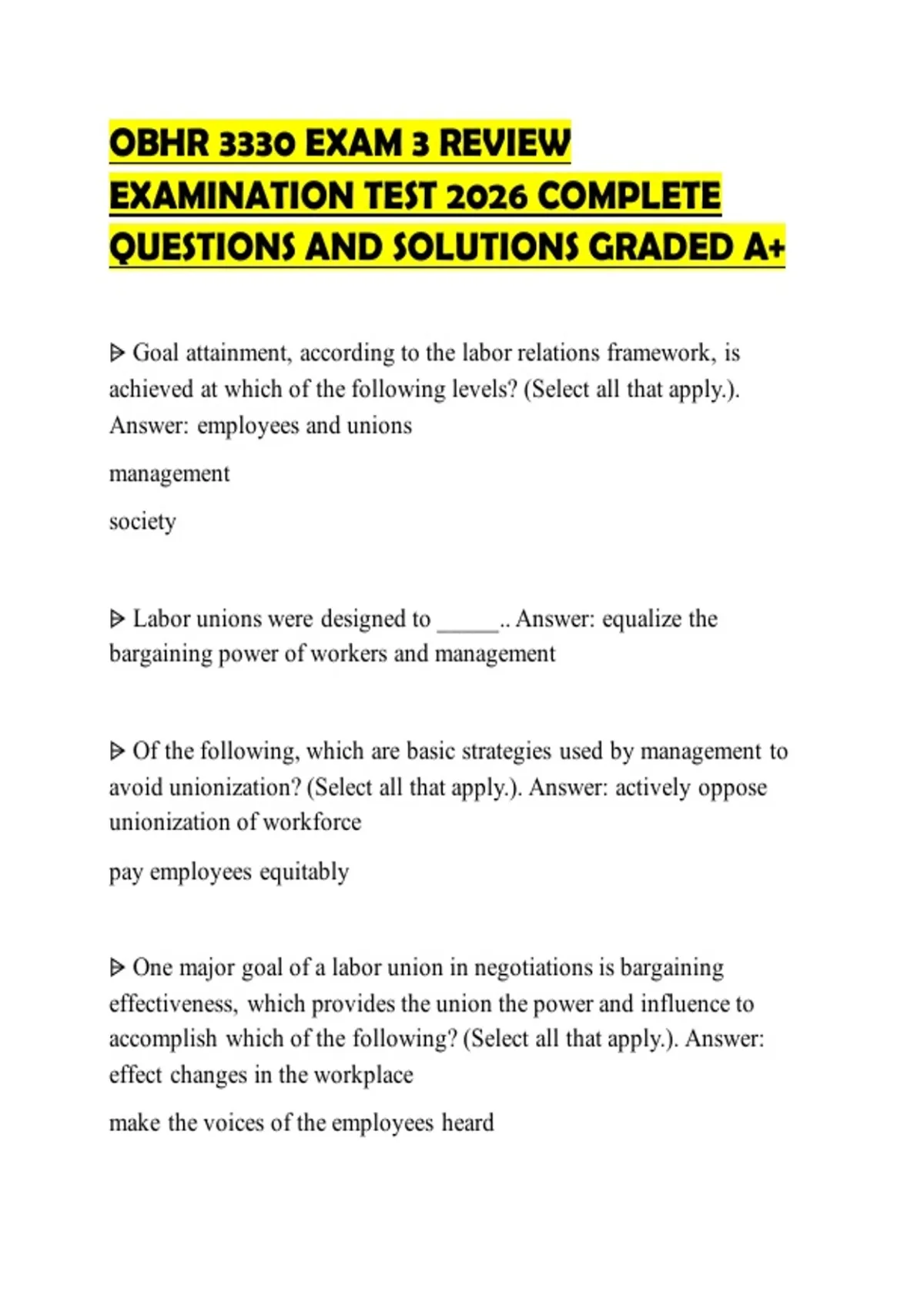 OBHR 3330 EXAM 3 REVIEW EXAMINATION TEST 2026 COMPLETE QUESTIONS AND ...
