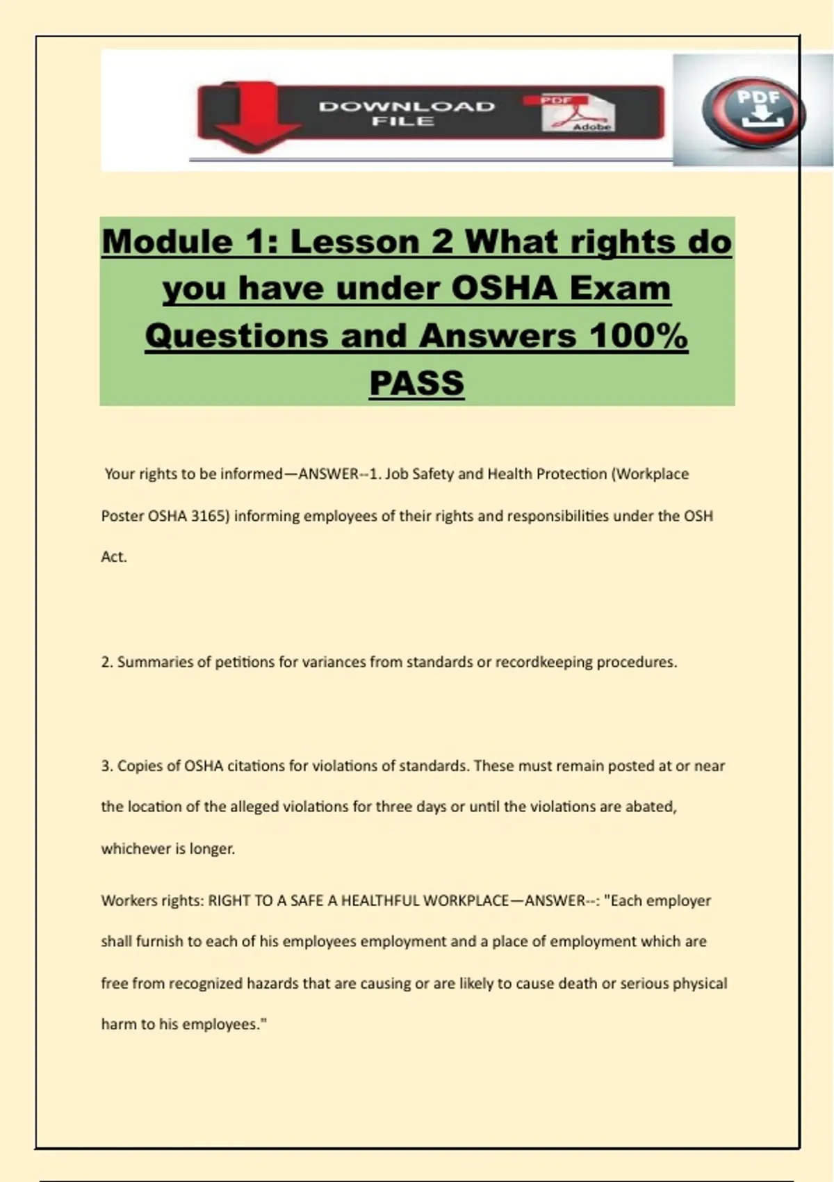 Module 1: Lesson 2 What rights do you have under OSHA Exam Questions ...