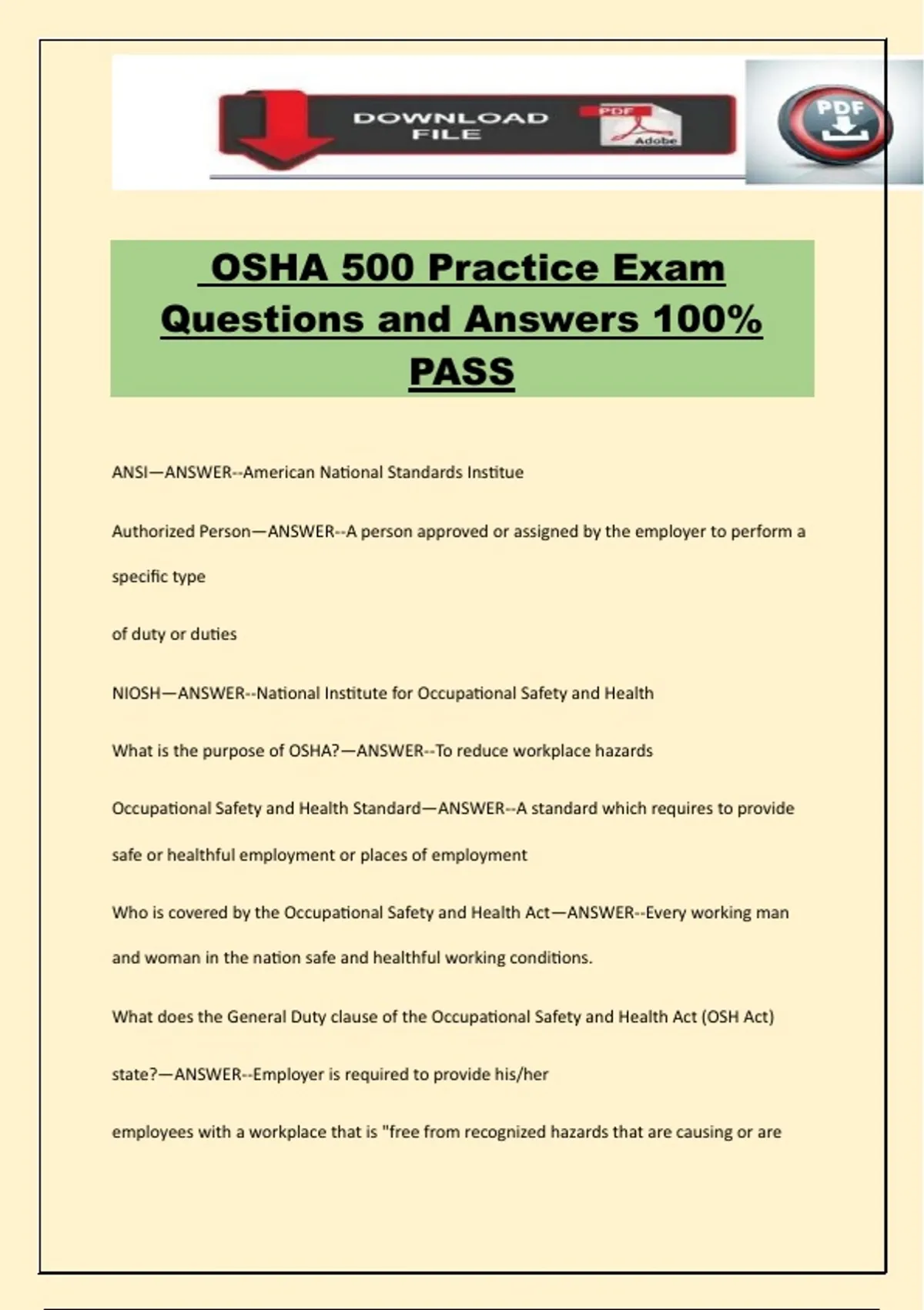 OSHA 500 Practice Exam Questions and Answers 100% PASS - OSHA - Stuvia US