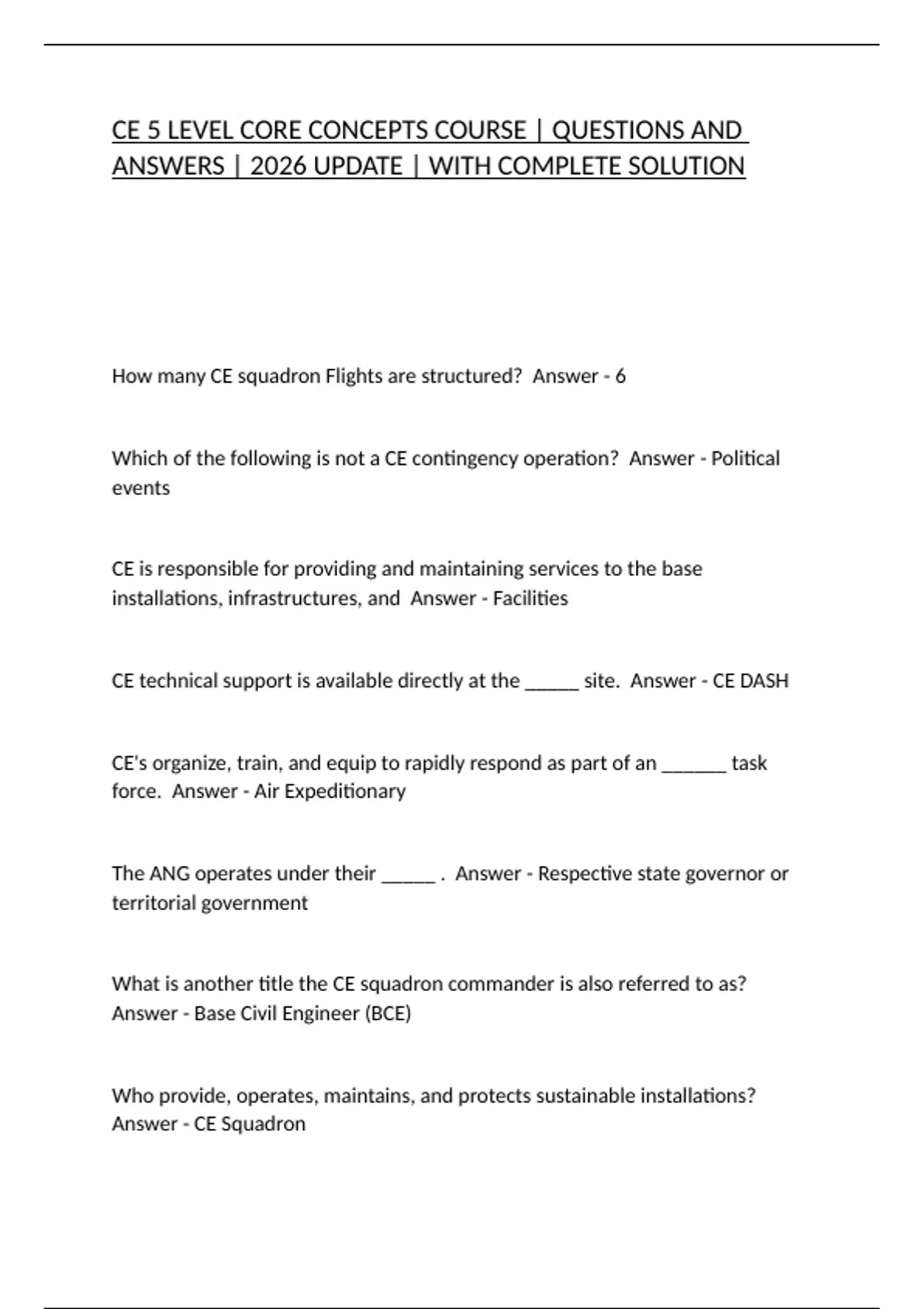 CE 5 LEVEL CORE CONCEPTS COURSE | QUESTIONS AND ANSWERS | 2026 UPDATE ...