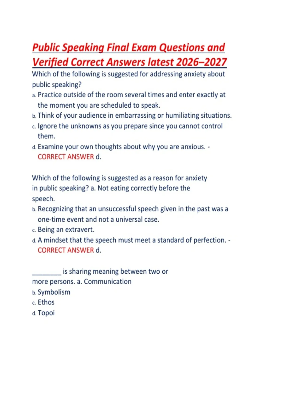 Public Speaking Final Exam Questions and Verified Correct Answers ...