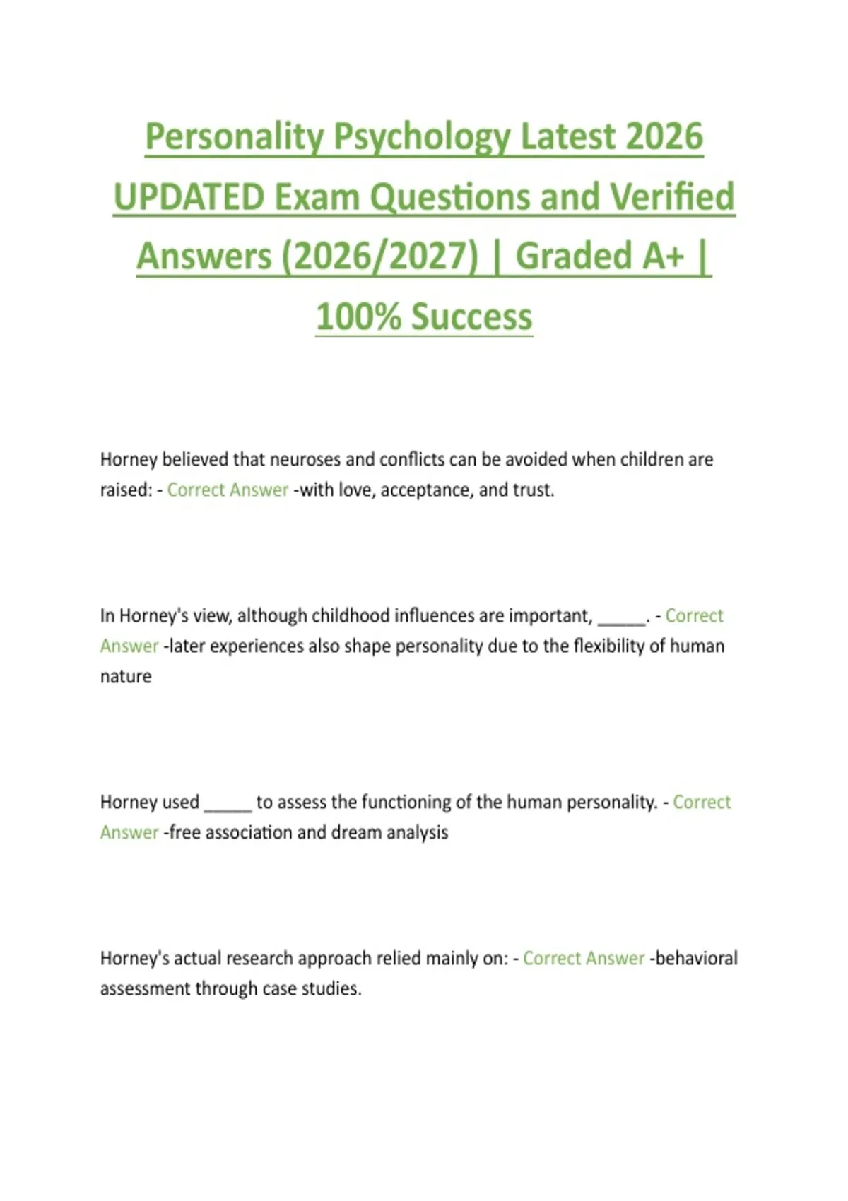 Personality Psychology Latest 2026 UPDATED Exam Questions and Verified ...