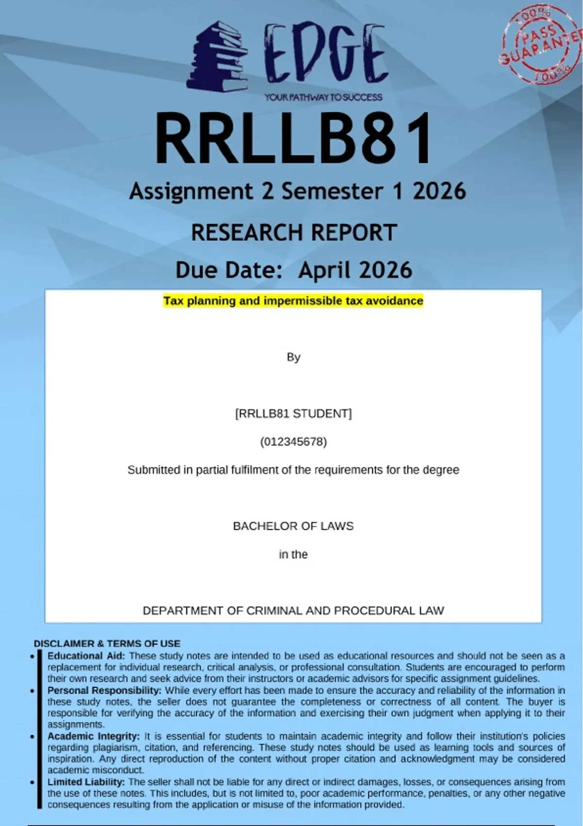 RRLLB81 Assignment 2 (QUALITY ANSWERS) Semester 1 2026 - Tax planning ...