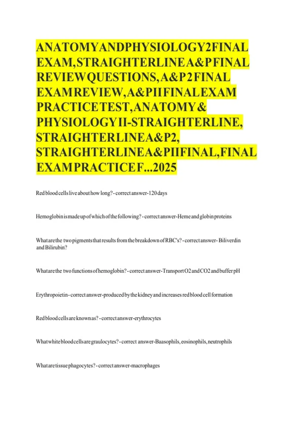 Anatomy and Physiology 2 Final Exam Questions with Verified Answers ...