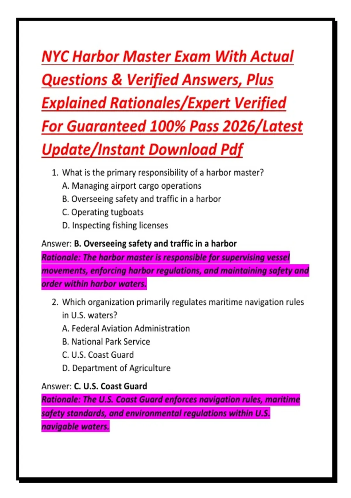 NYC Harbor Master Exam With Actual Questions & Verified Answers, Plus ...