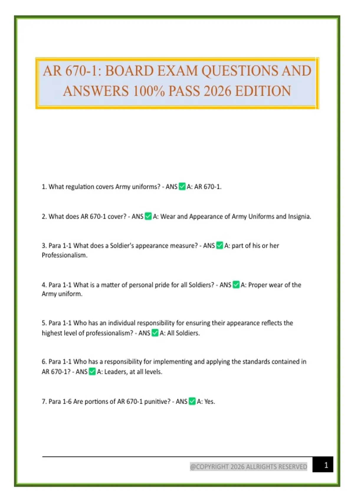 AR 670-1: BOARD EXAM QUESTIONS AND ANSWERS 100% PASS 2026 EDITION - AR ...