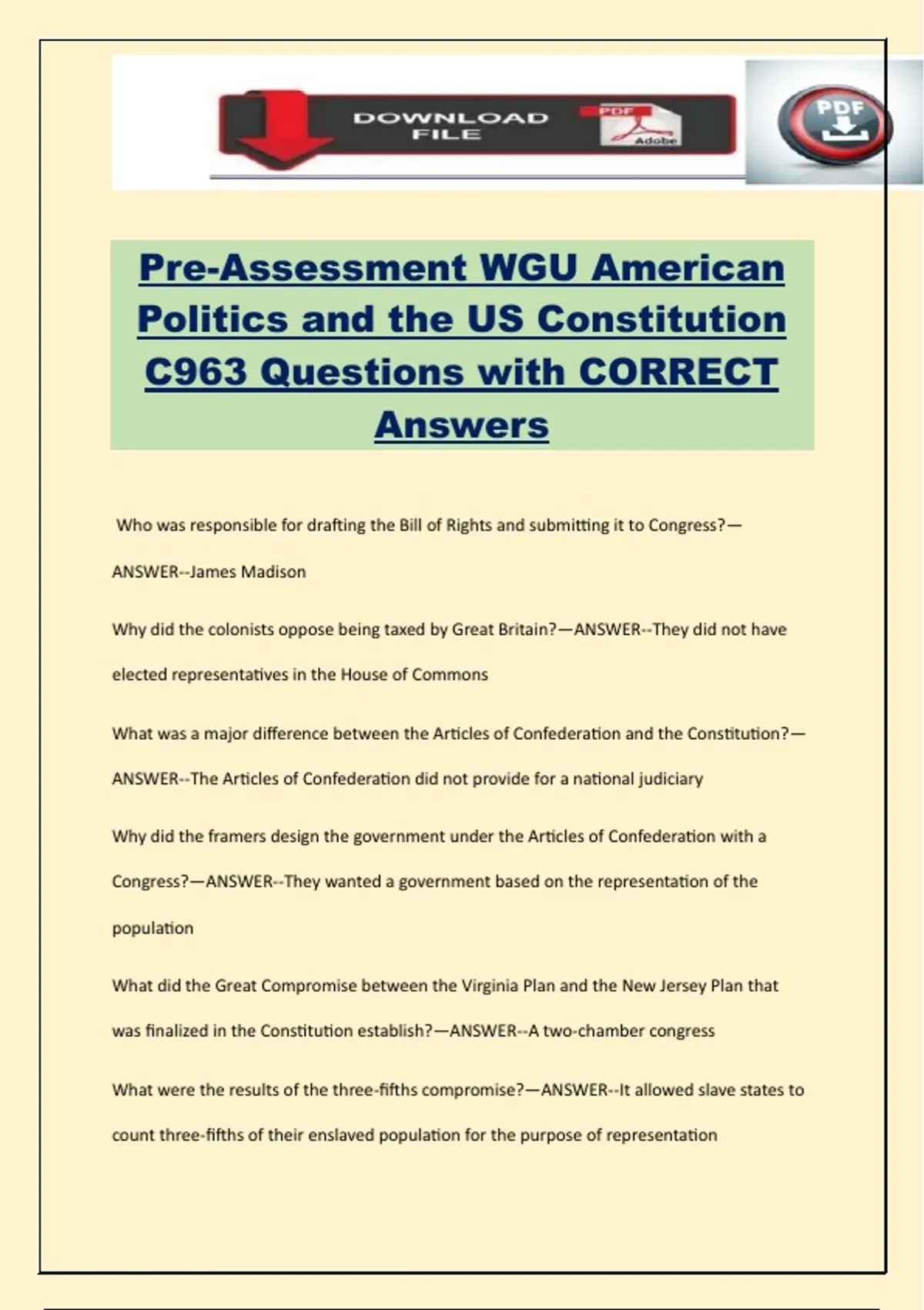 Pre-Assessment WGU American Politics and the US Constitution C963 ...
