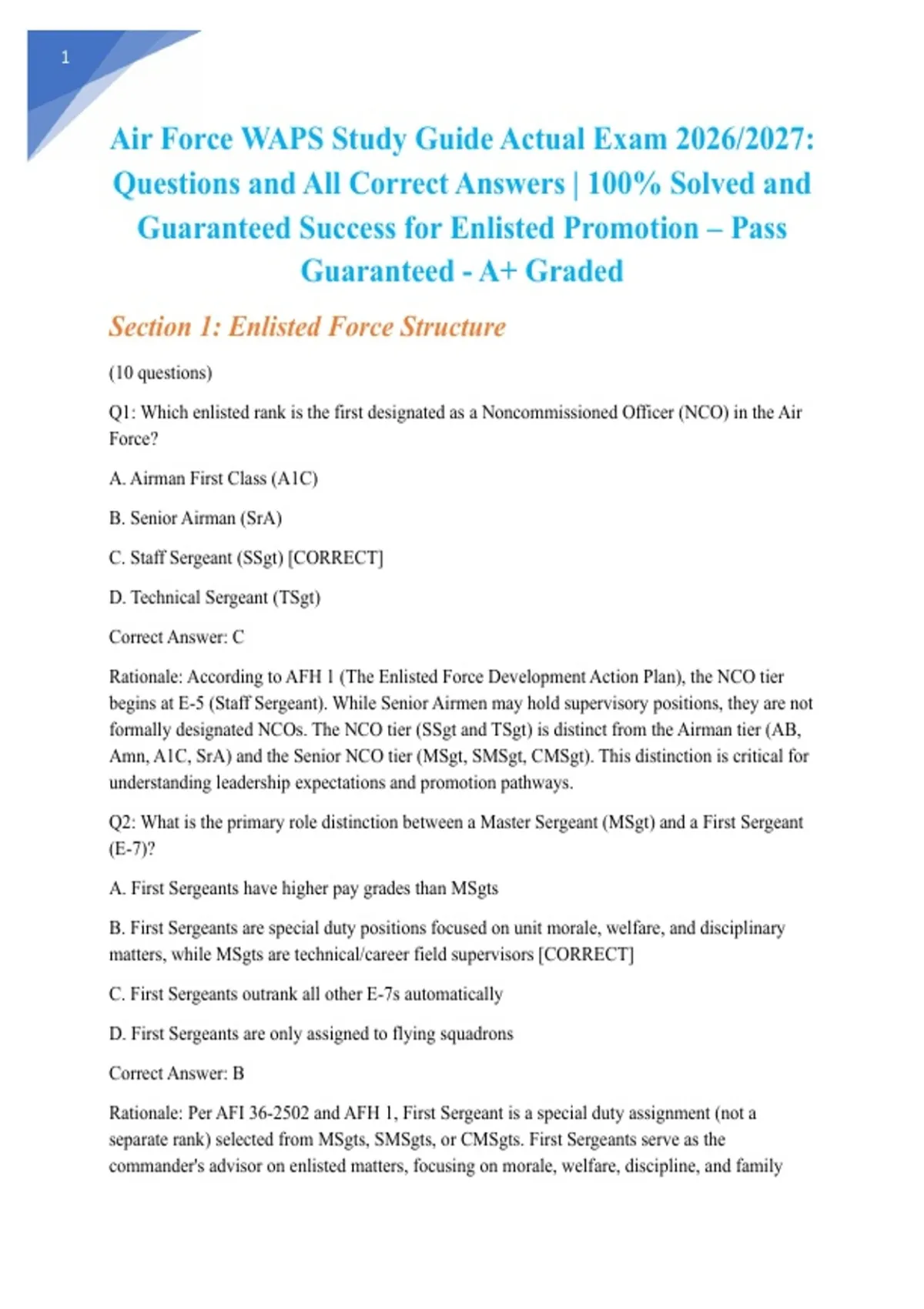 Air Force WAPS Study Guide Actual Exam 2026/2027: Questions and All ...