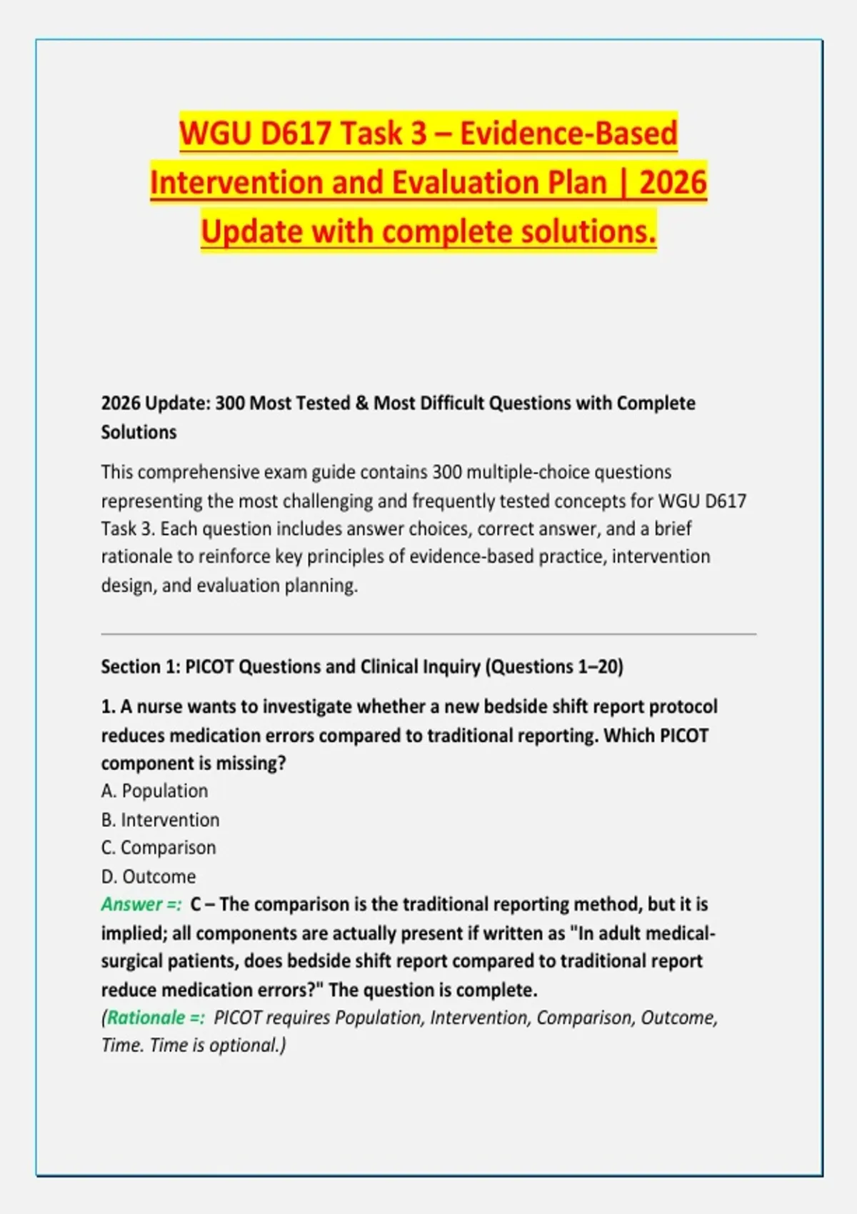 WGU D617 Task 3 – Evidence-Based Intervention and Evaluation Plan ...